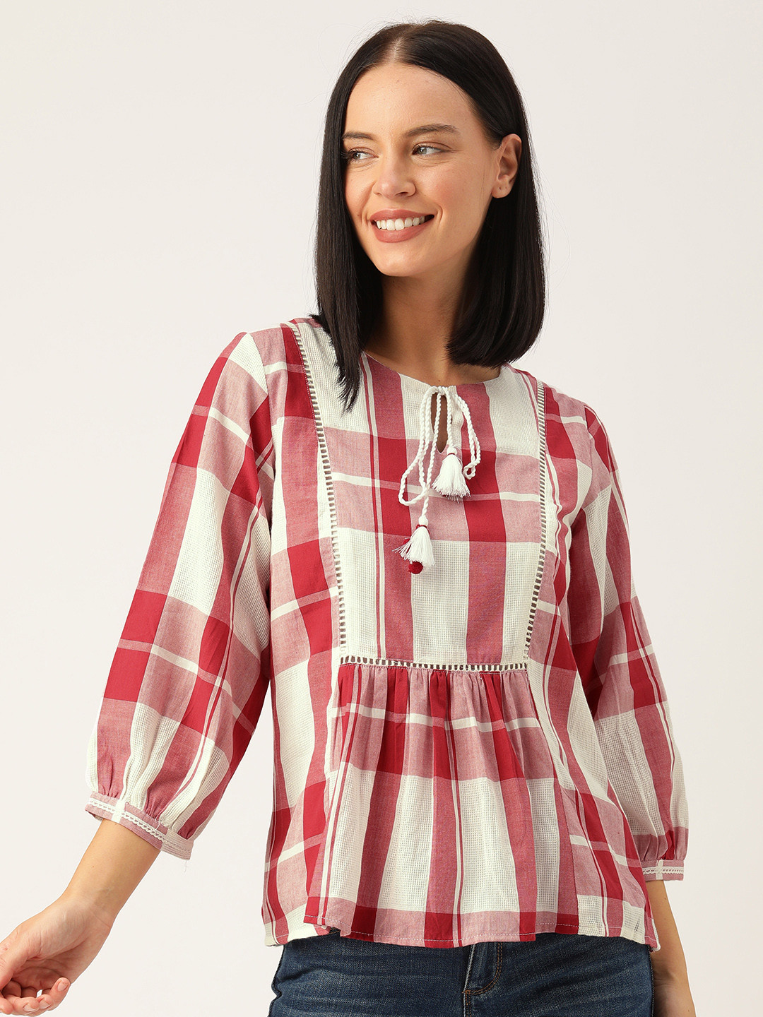 Buy AND Women Red & Off White Checked A Line Top With Gathers & Cut Out ...