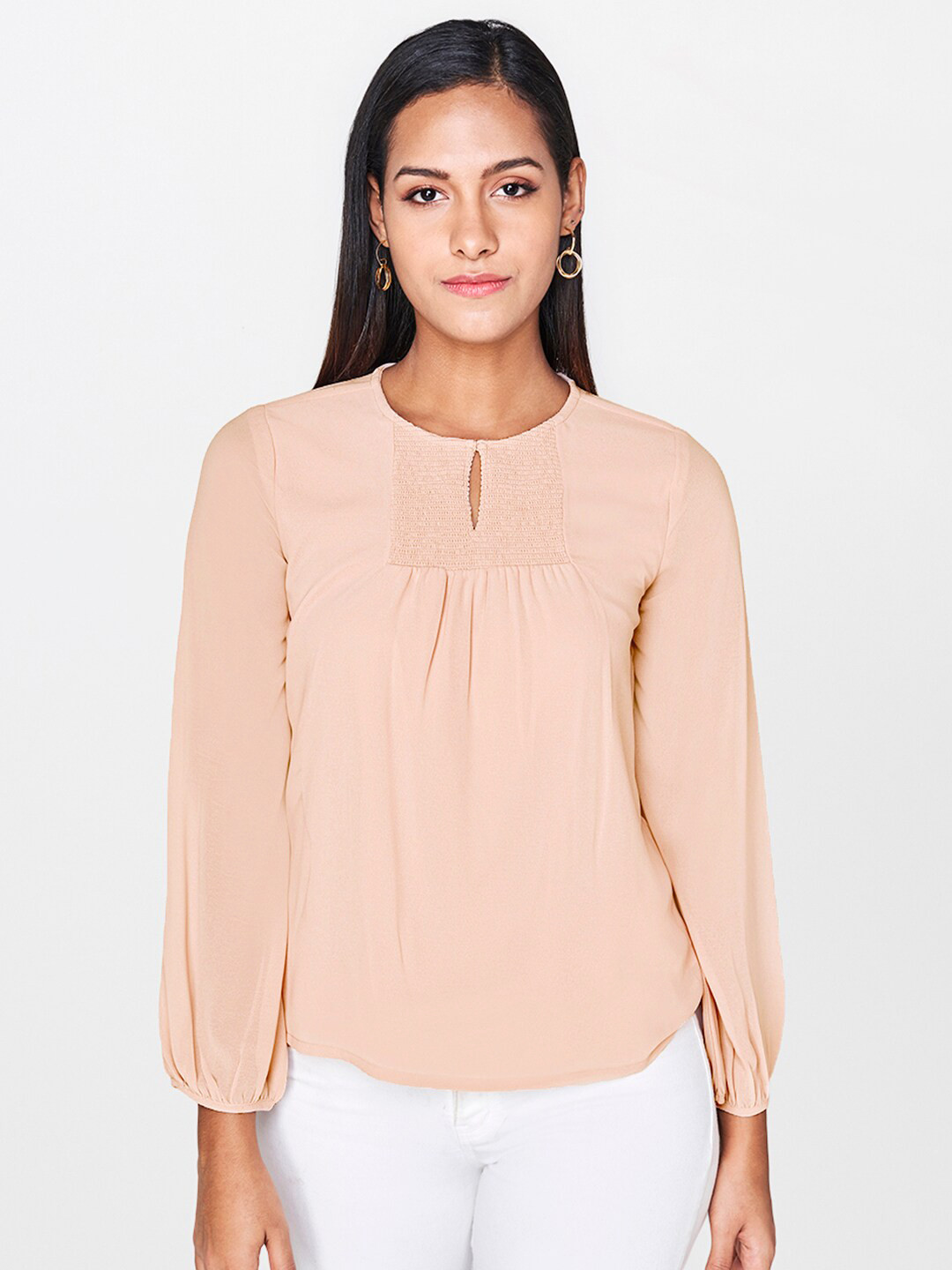 Buy AND Women Peach Coloured Solid Top With Smocked Detailing - Tops ...