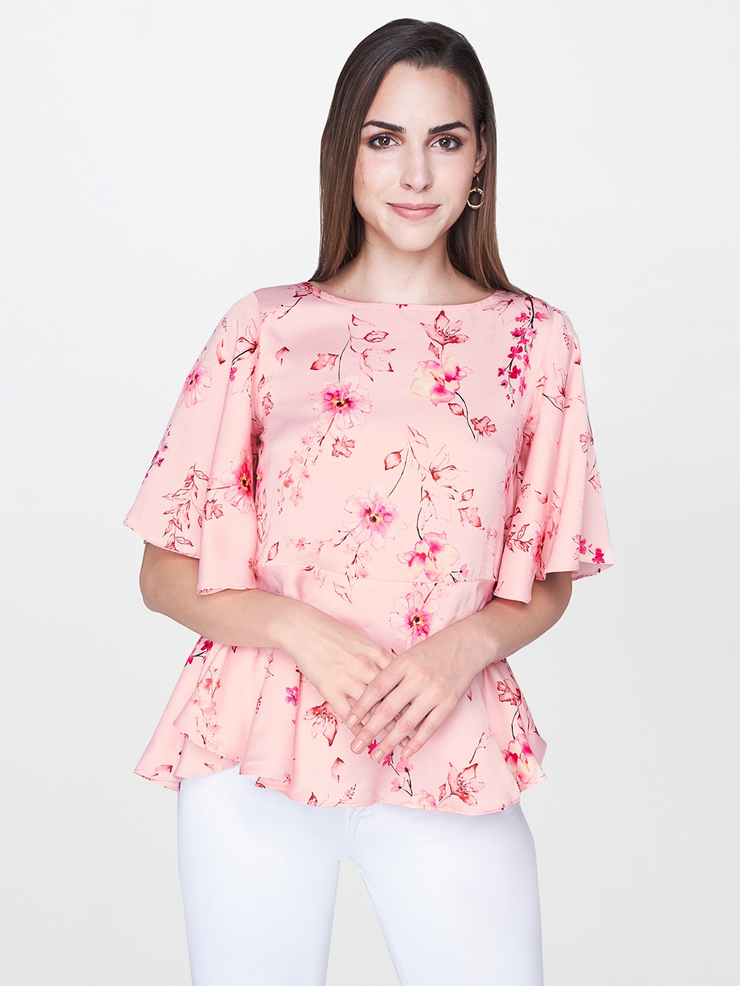 Buy And Women Pink Floral Print Top With Gathered Detail Tops For