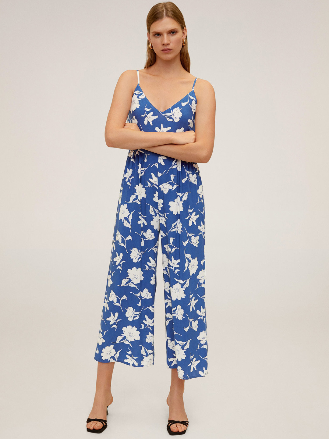 Buy MANGO Women Blue & White Floral Print Cropped Basic Jumpsuit ...