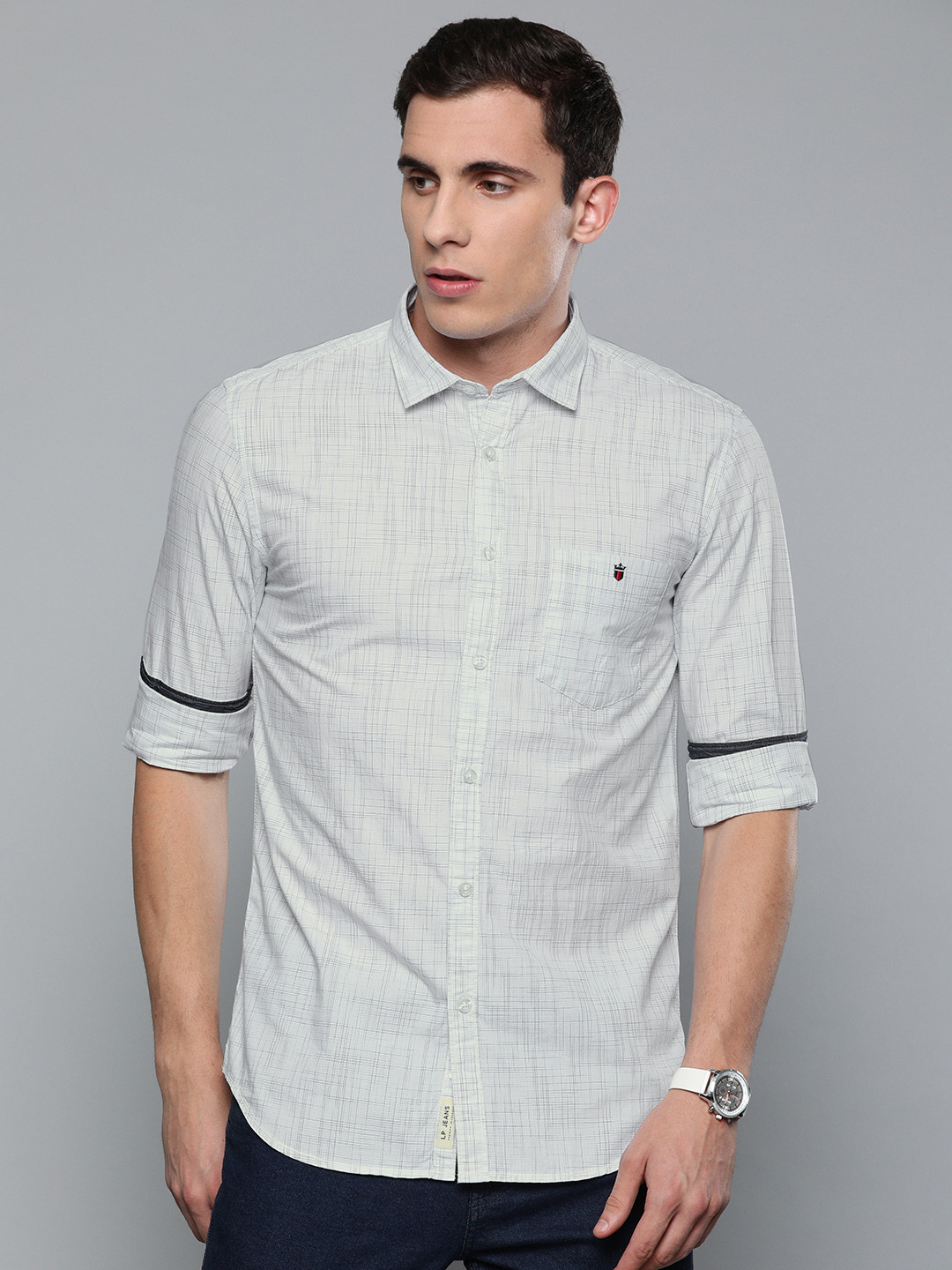 Buy Louis Philippe Jeans Men White & Blue Super Slim Fit Checked Casual ...