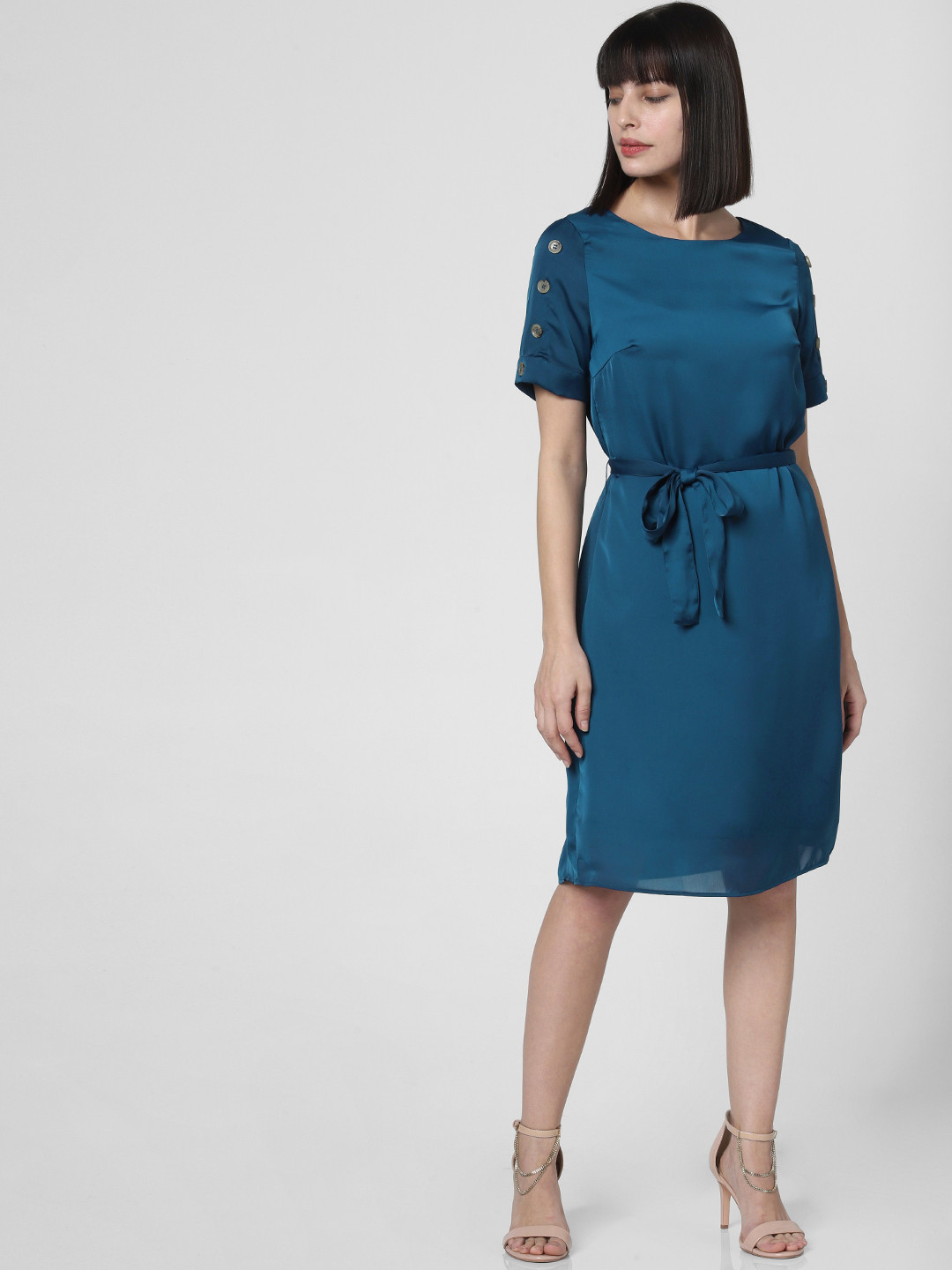Buy Vero Moda Women Teal Blue Solid A Line Dress With Button Detailing ...