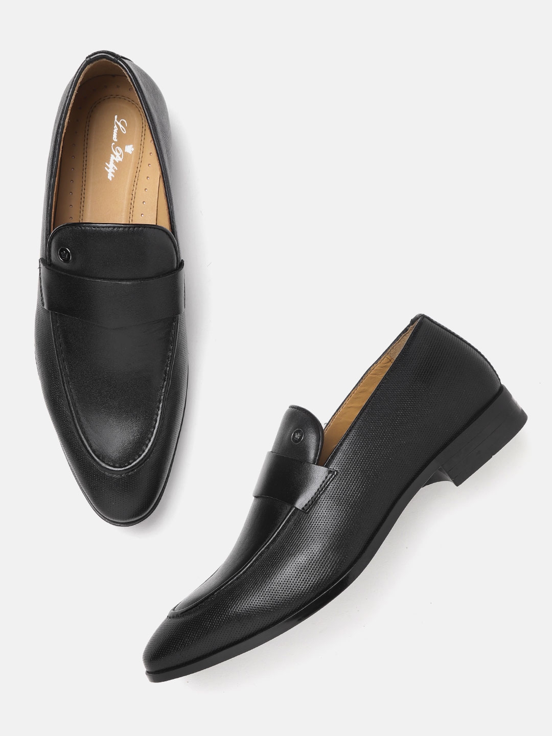 Buy Louis Philippe Men Black Textured Leather Formal Slip Ons - Formal ...