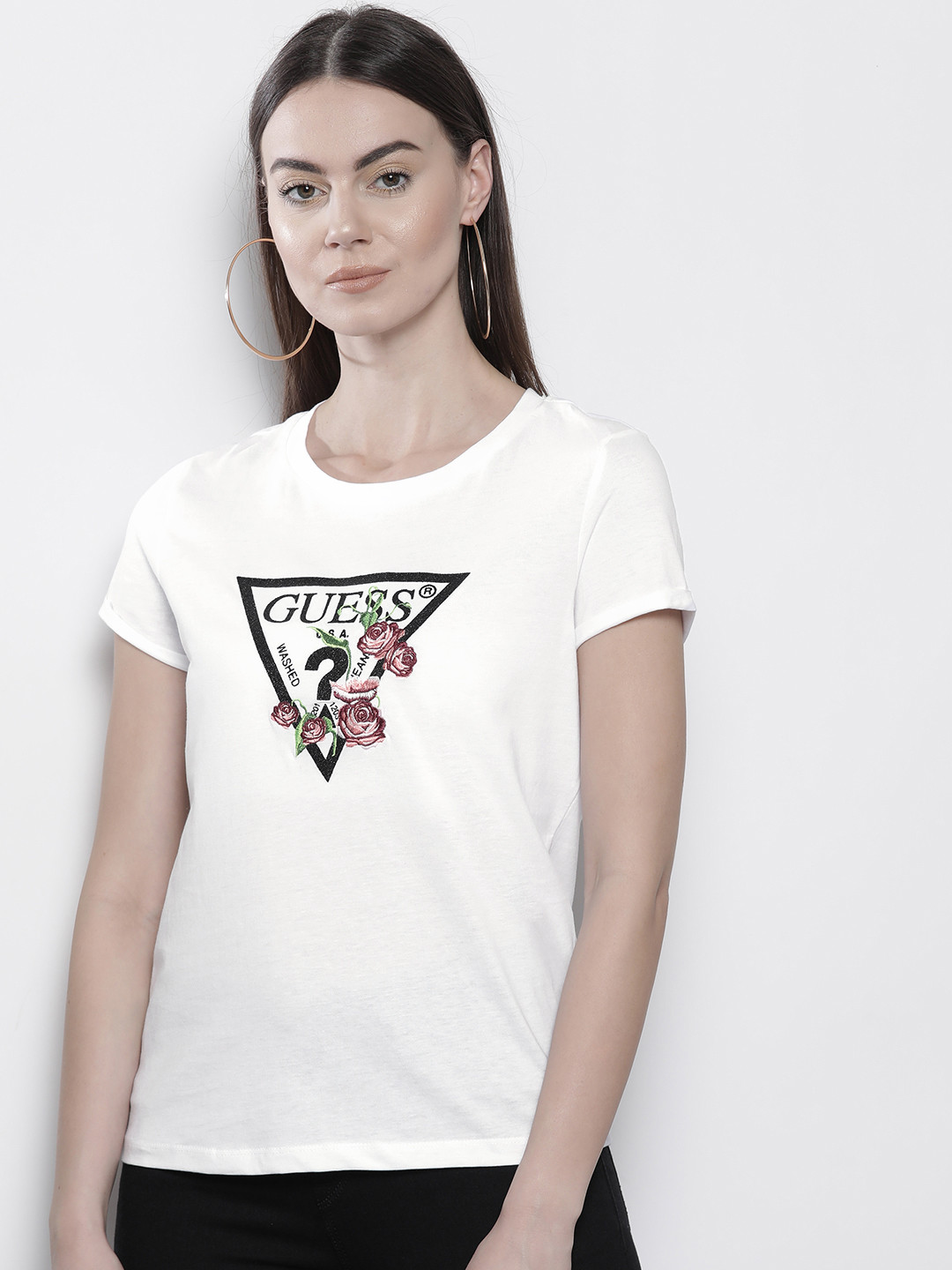 Buy GUESS Women White & Black Printed Round Neck T Shirt - Tshirts for ...