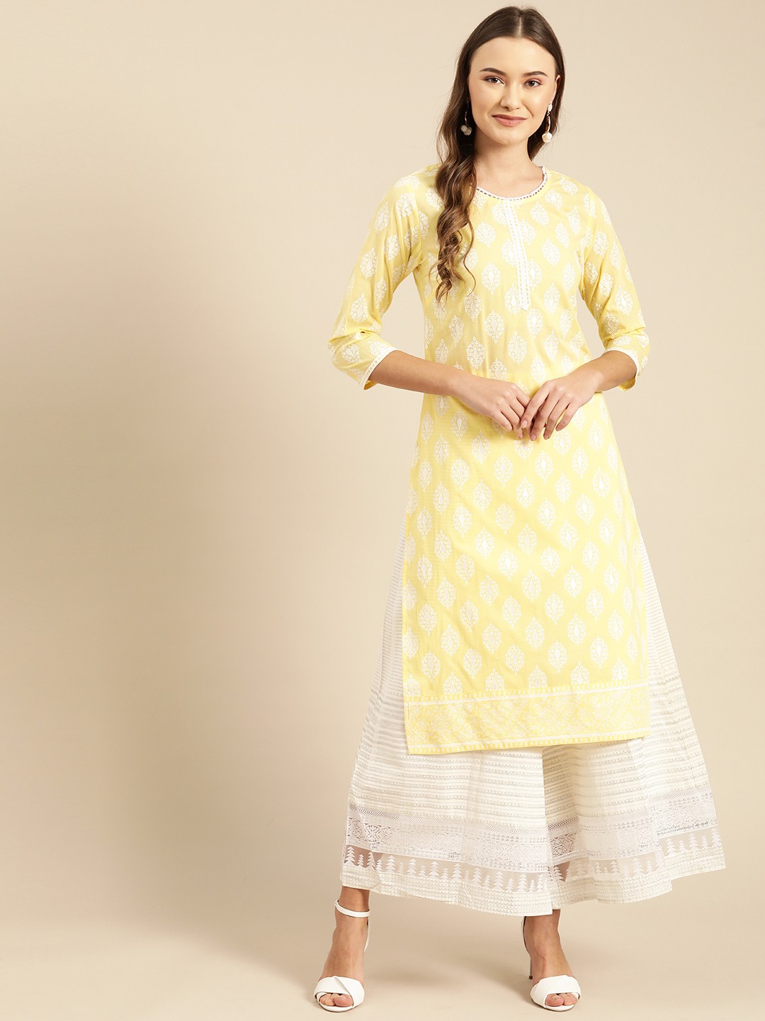 Buy Imara Women Yellow And White Printed Straight Kurta Kurtas For