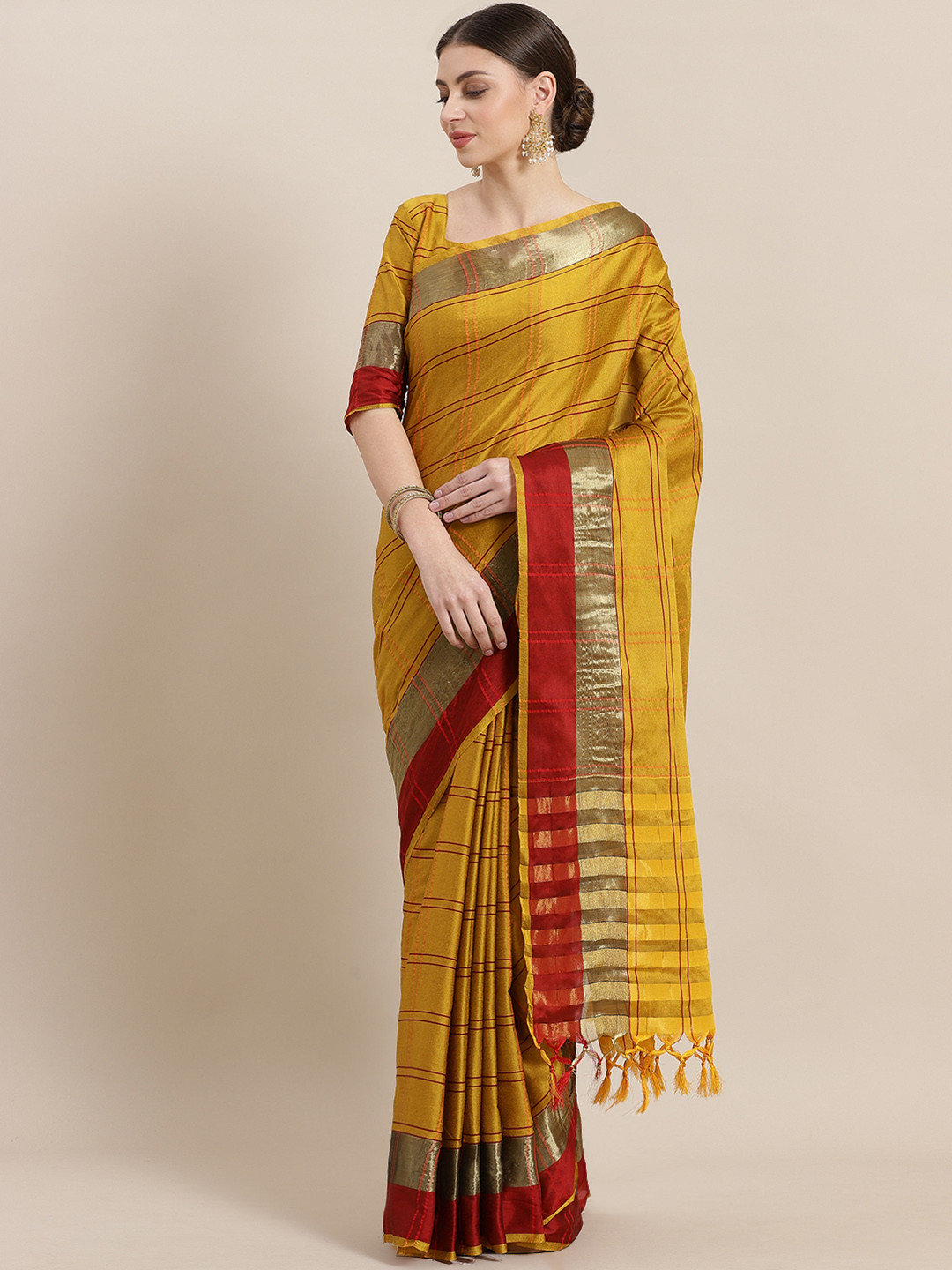 Buy Saree Mall Mustard Yellow & Maroon Checked Saree - Sarees for Women ...