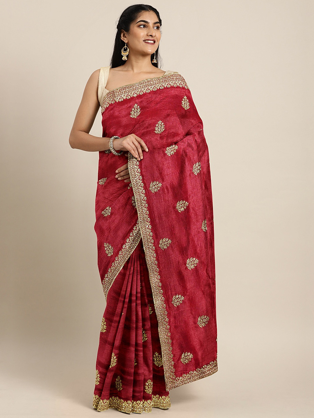 Buy Soch Maroon & Gold Toned Pure Silk Embellished Saree - Sarees for ...
