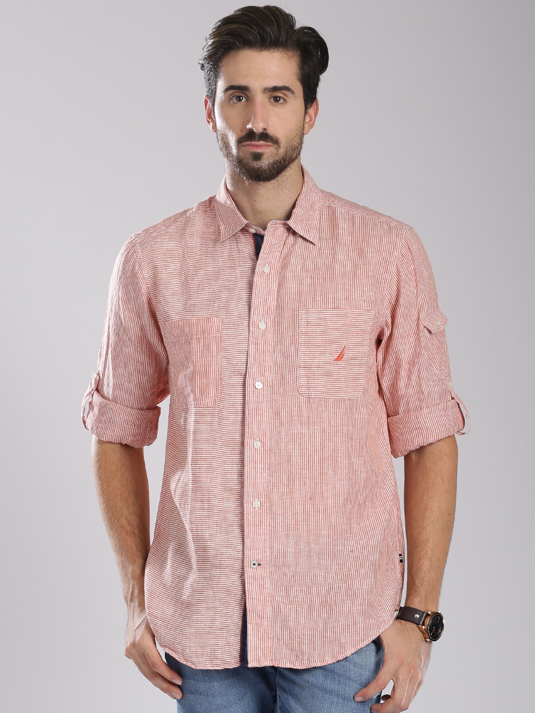Buy Nautica Rust Orange & White Striped Linen Casual Shirt - Shirts for ...