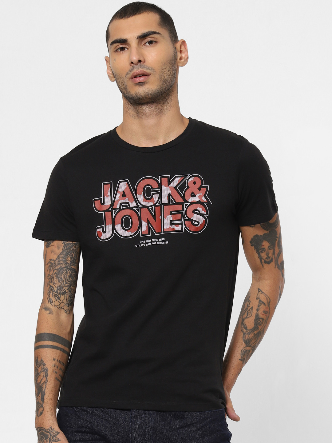 Buy Jack & Jones Men Black Printed Slim Fit Round Neck T Shirt ...