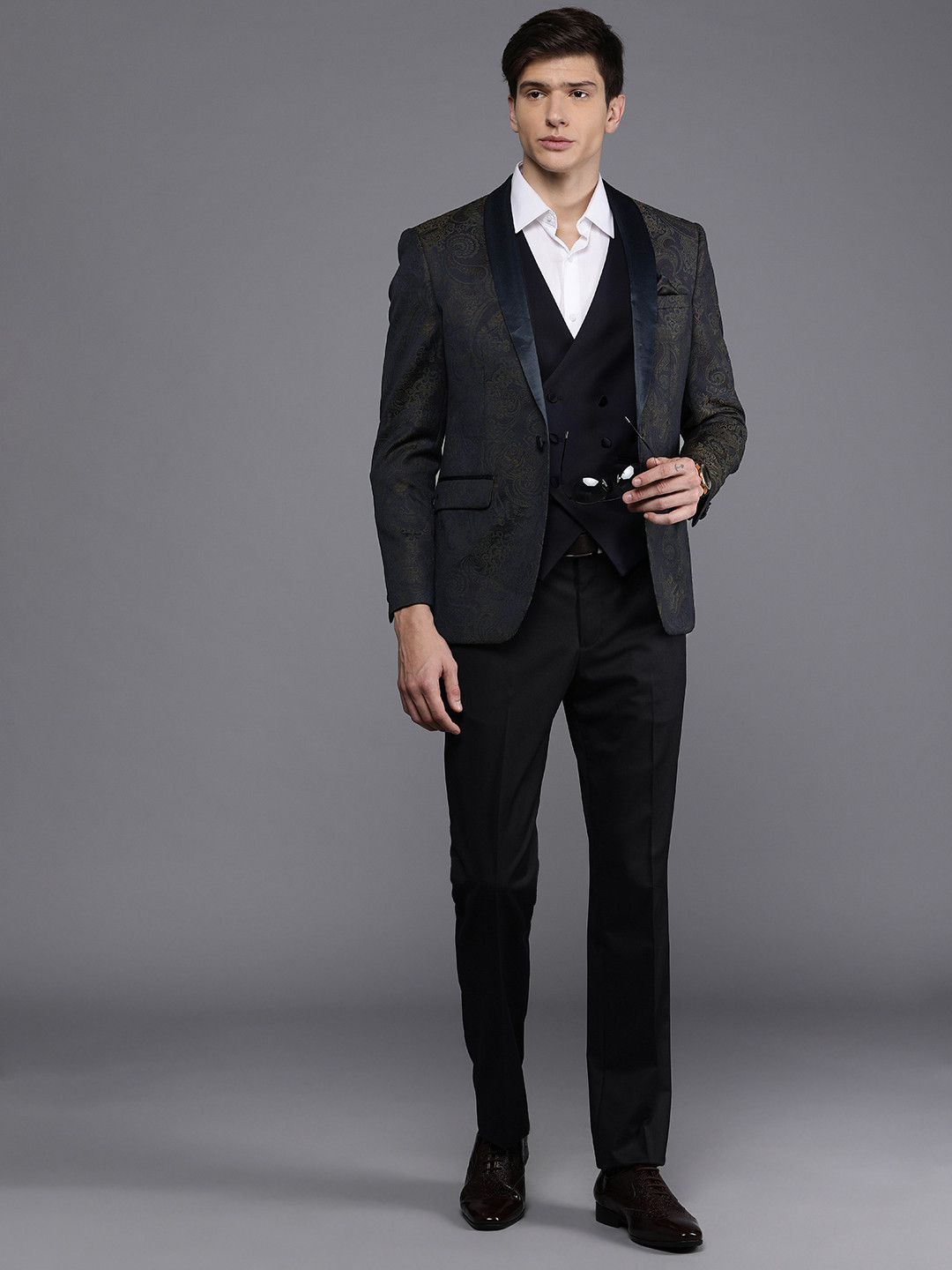 Buy Louis Philippe Men Navy Blue & Brown Slim Fit Woven Design Tuxedo 3 ...
