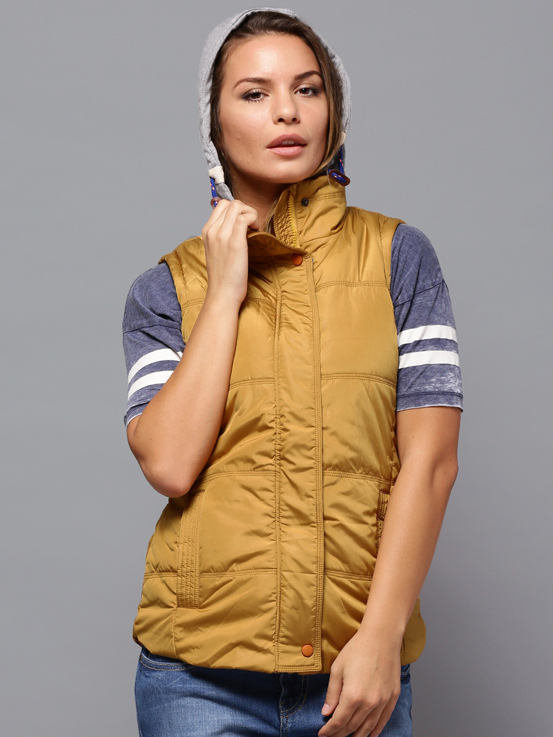Buy Roadster Mustard Yellow Sleeveless Jacket - Jackets for Women ...