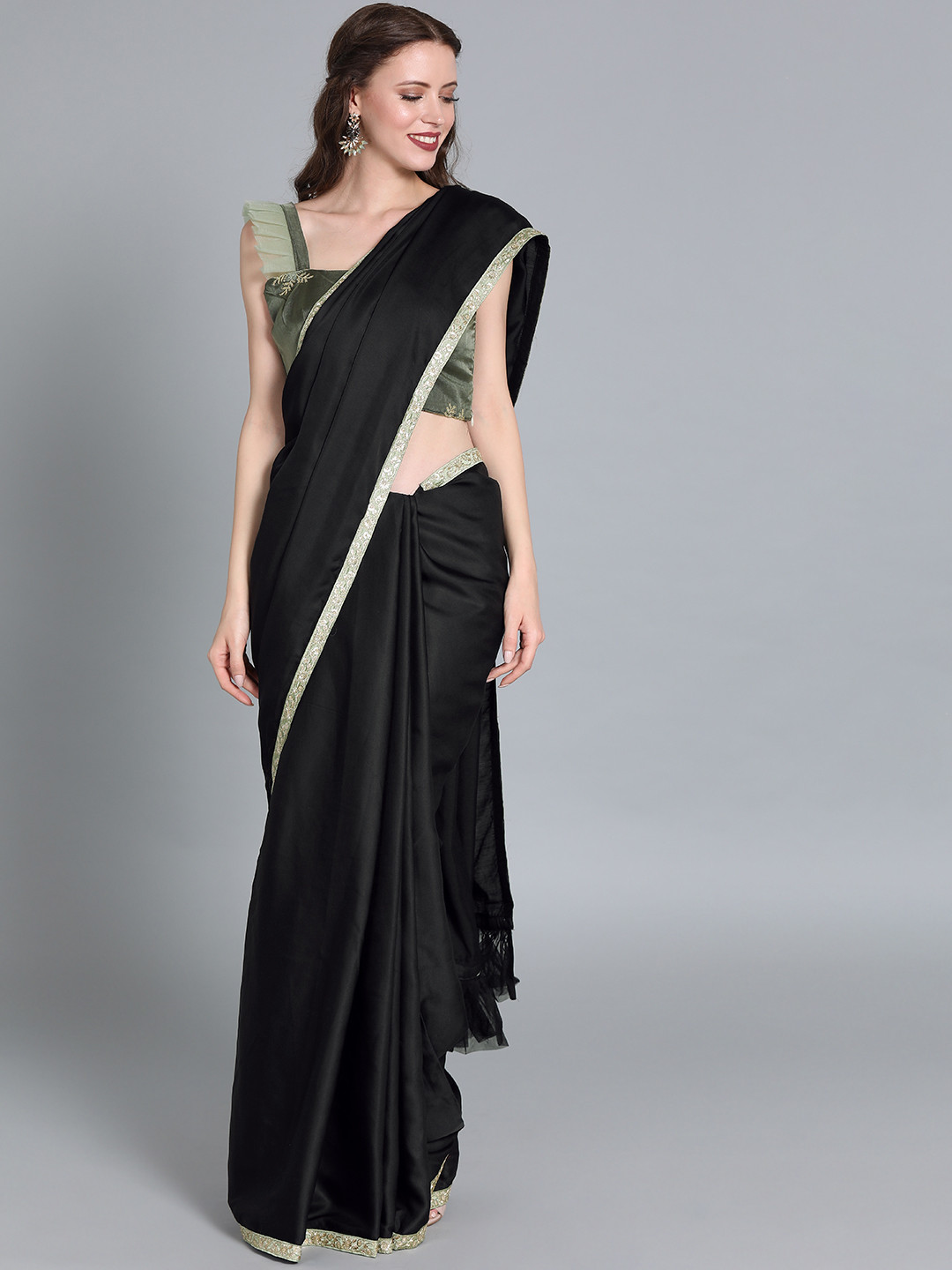 Buy Ethnovog Satin Solid Saree With Stitched Blouse - Sarees for Women ...