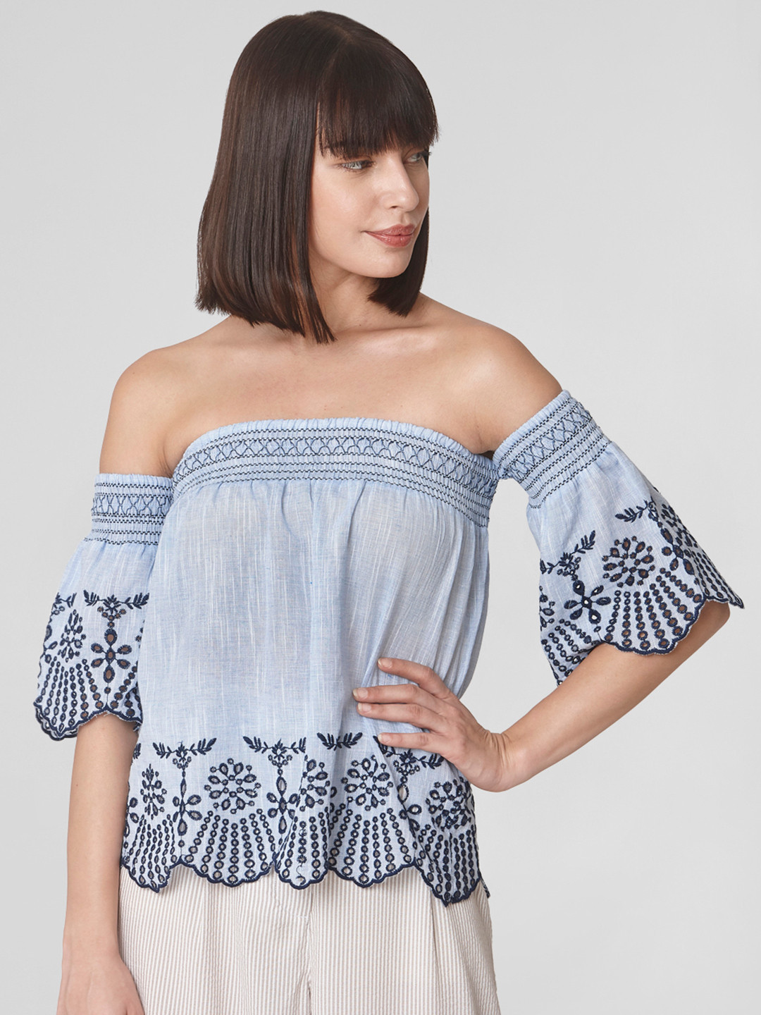 Buy Vero Moda Women Blue Embroidered Bardot Top - Tops for Women ...