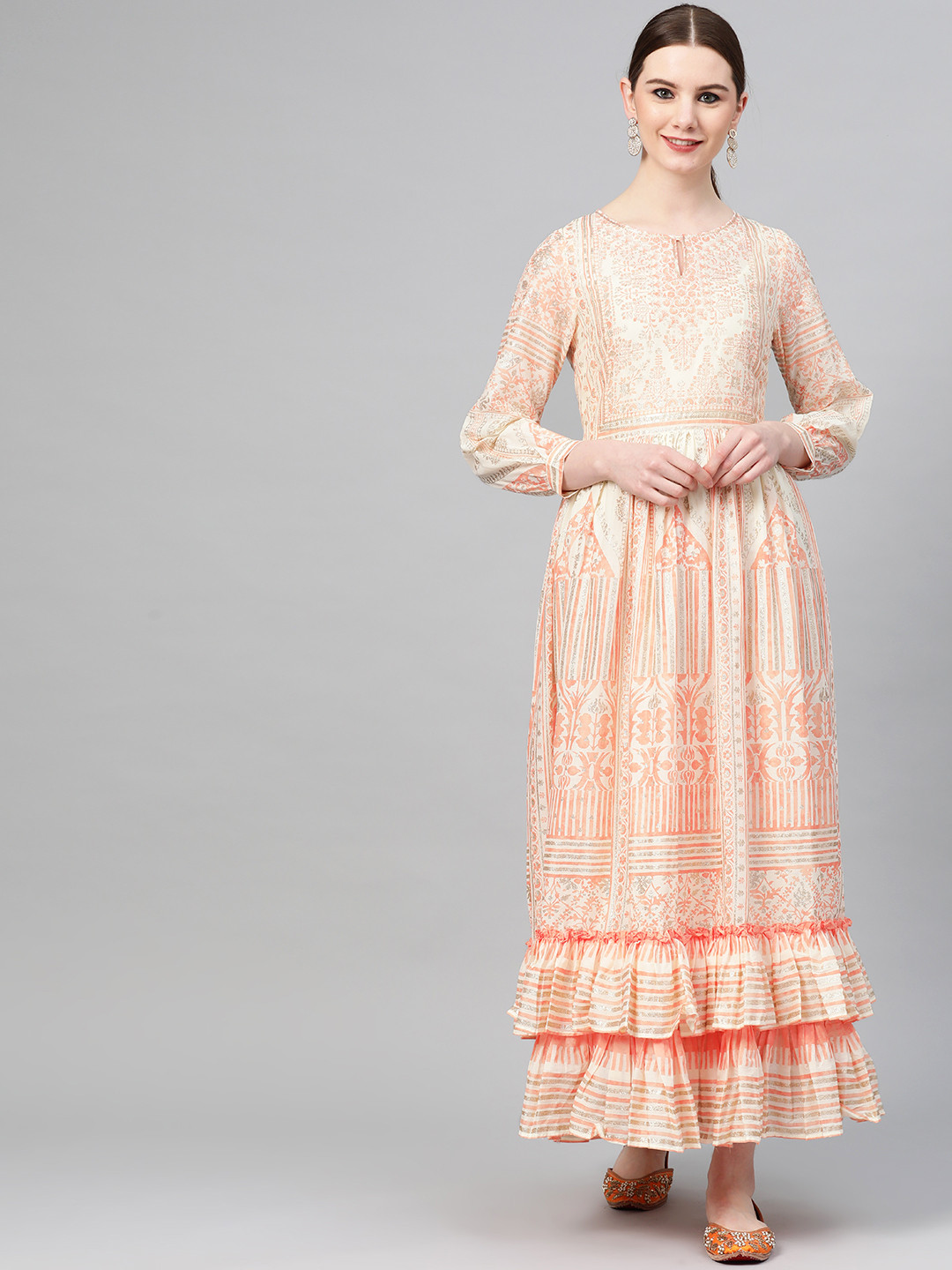 Buy W Women Off White & Peach Coloured Printed Maxi Dress - Ethnic ...