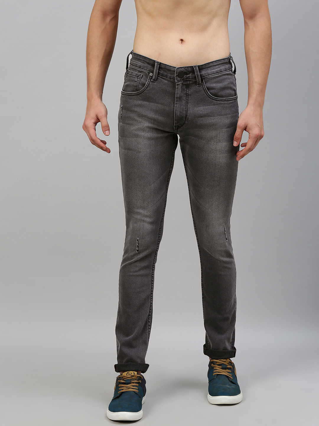 Buy HERE&NOW Men Grey Skinny Fit Mid Rise Low Distress Stretchable ...