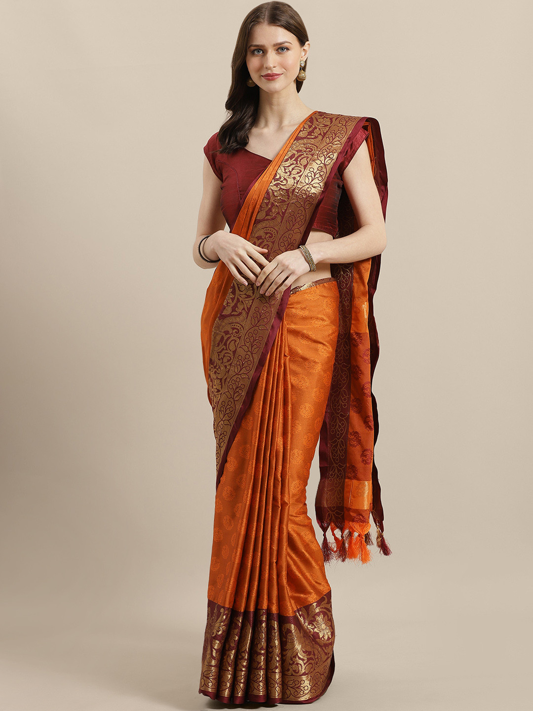 Buy Mitera Rust Orange & Maroon Zari Woven Design Saree - Sarees for ...