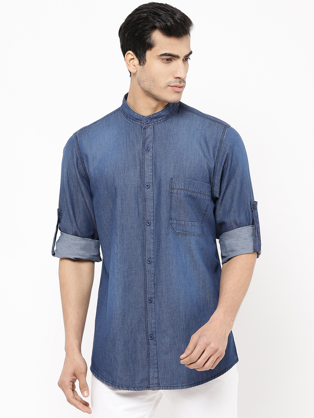 Buy STROP Men Navy Blue Slim Fit Solid Casual Denim Shirt - Shirts for ...