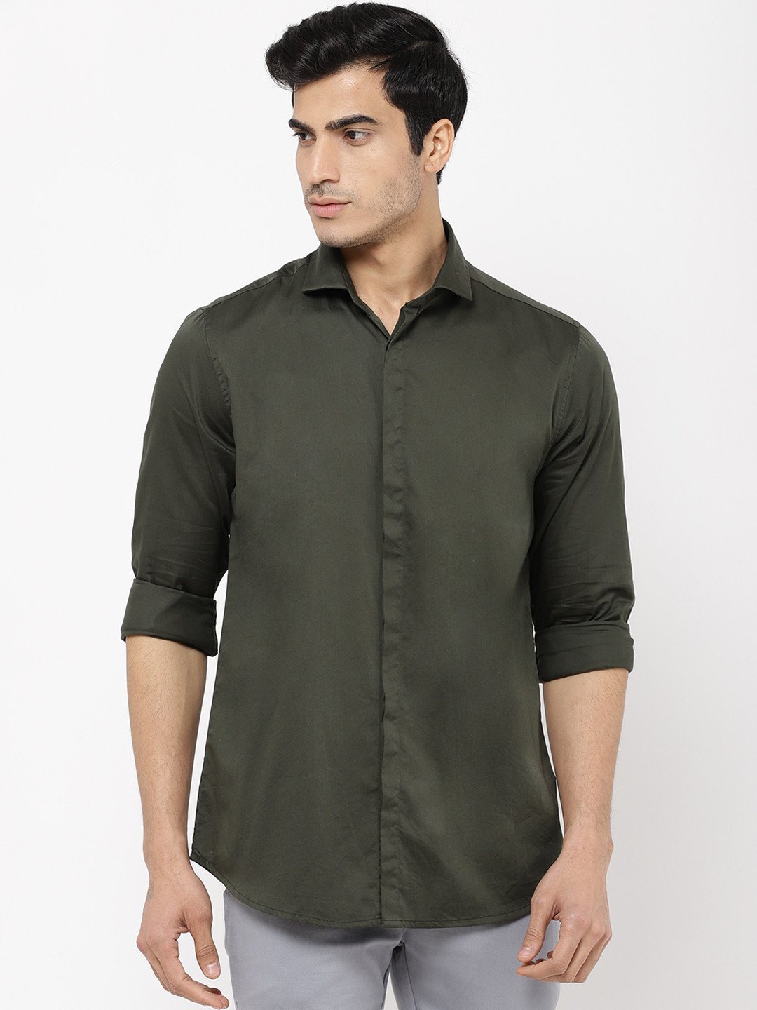 Buy STROP Men Olive Green Slim Fit Solid Casual Shirt - Shirts for Men ...