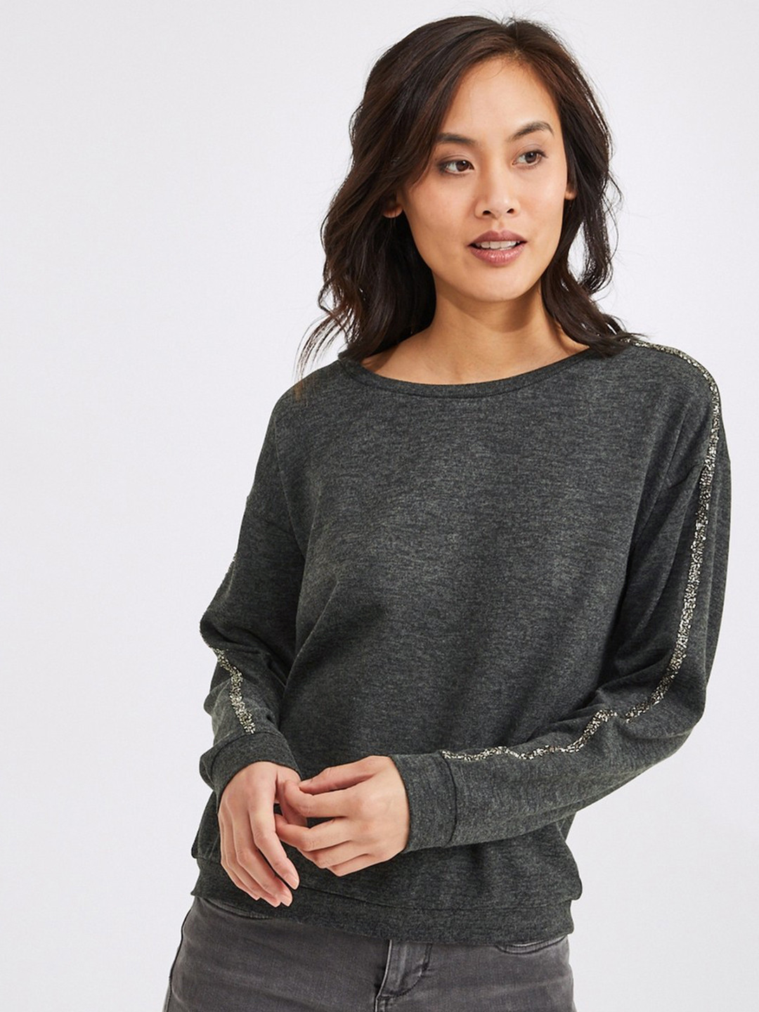 Buy Promod Women Charcoal Grey Solid Top With Embellished Stripes ...