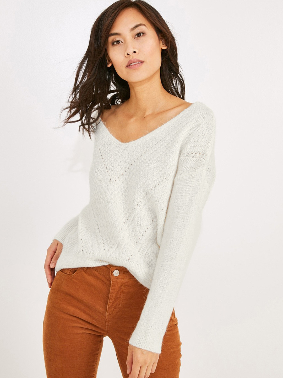 Buy Promod Women White Self Design Open Knit Pullover Sweater ...