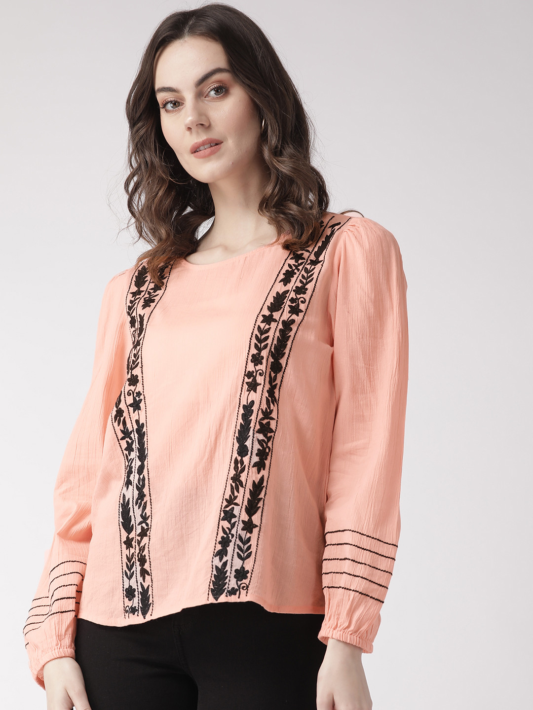 Buy SCOUP Women Peach Coloured & Black Embroidered Regular Pure Cotton ...