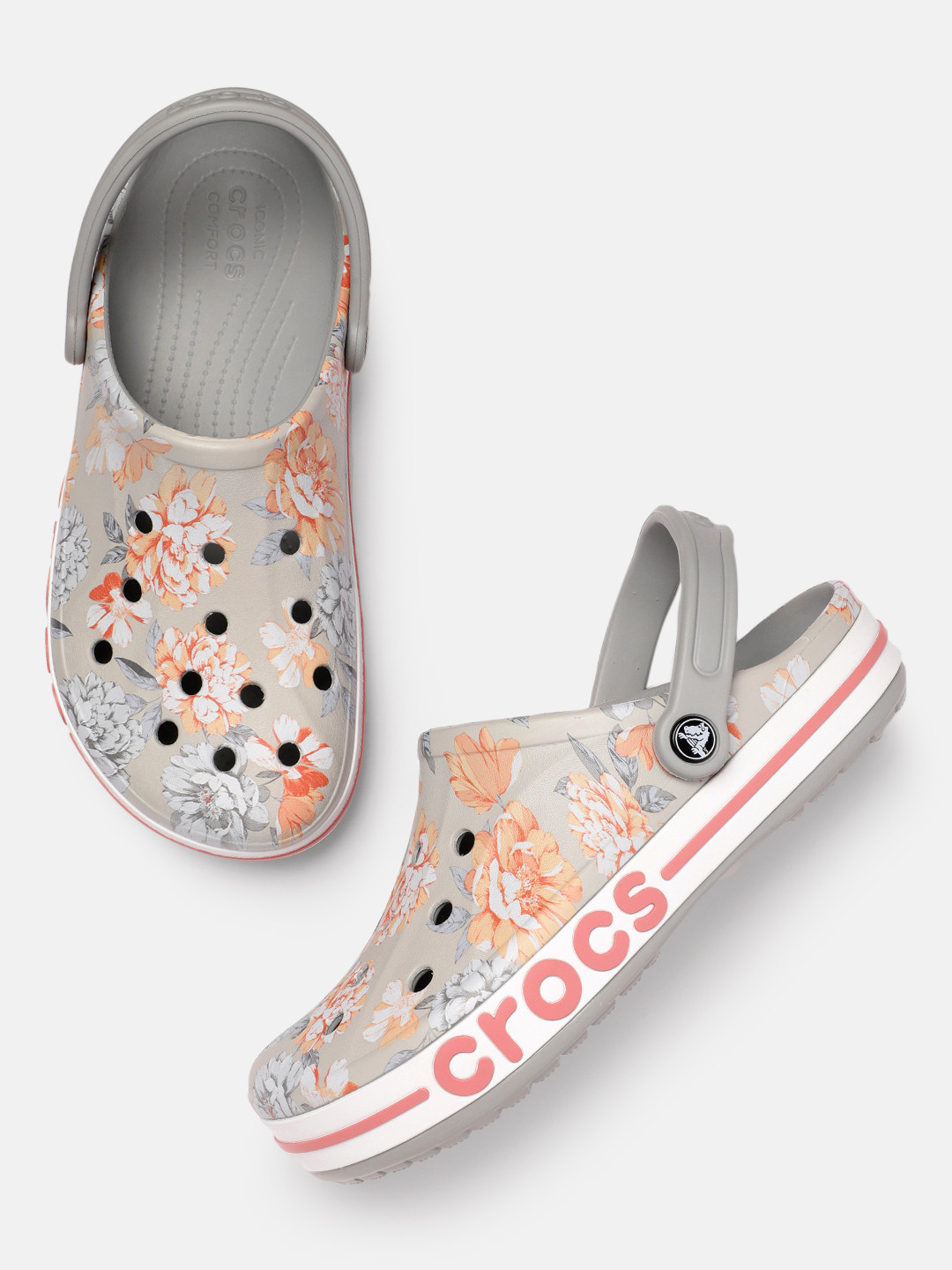 Buy Crocs Unisex Grey & Orange Printed Bayaband Seasonal Clogs - Flip ...