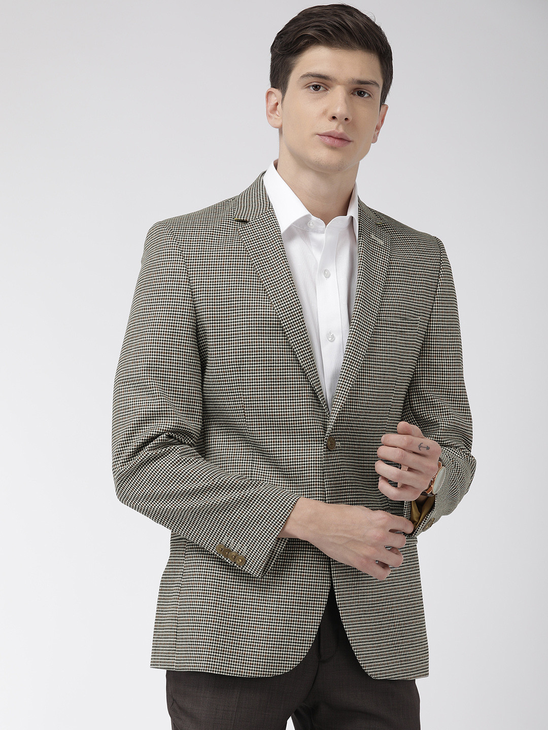 Buy Raymond Men Beige & Black Checked Contemporary Fit Formal Blazer ...