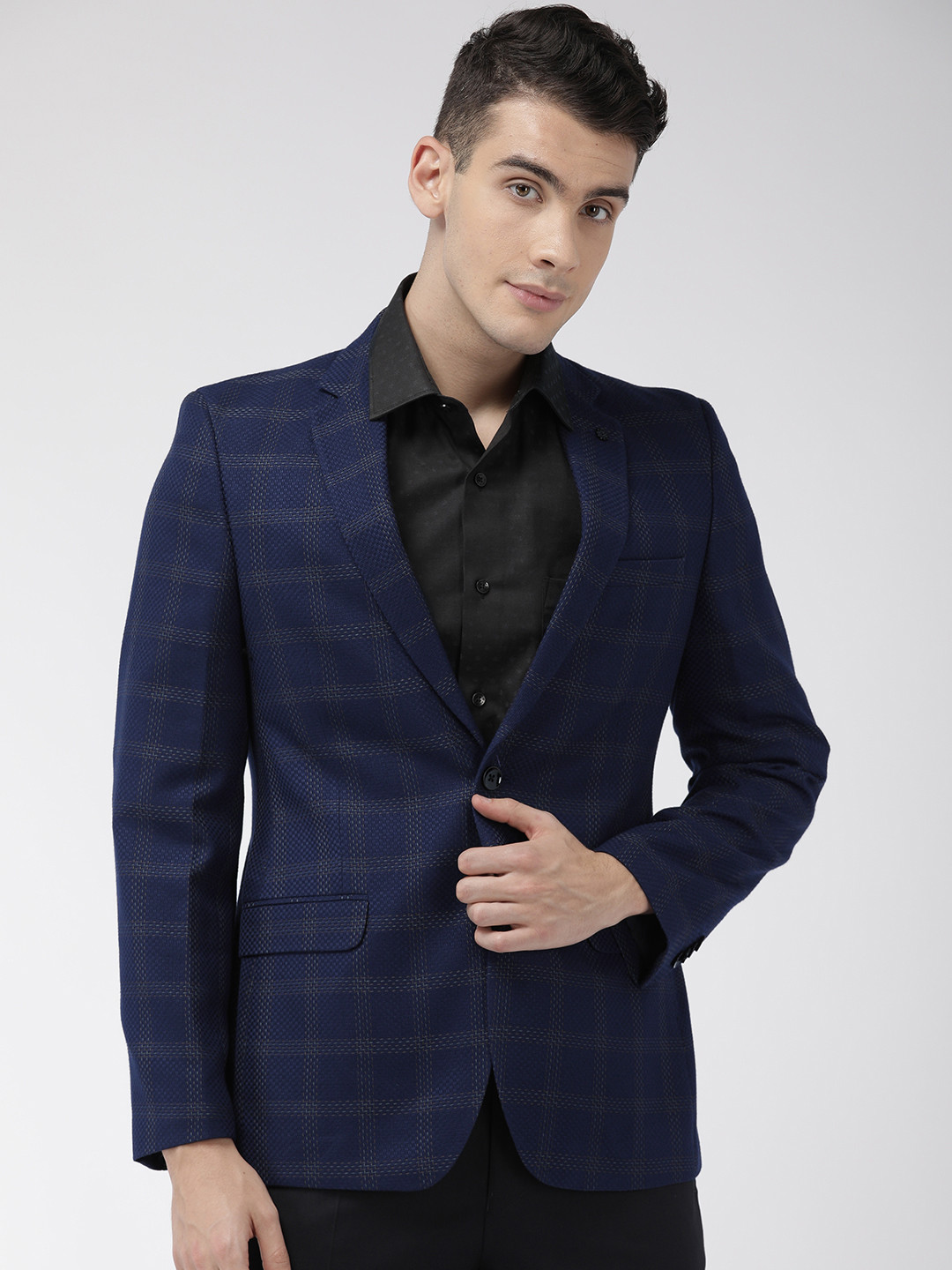Buy Raymond Men Navy Slim Fit Checked Single Breasted Formal Blazer ...