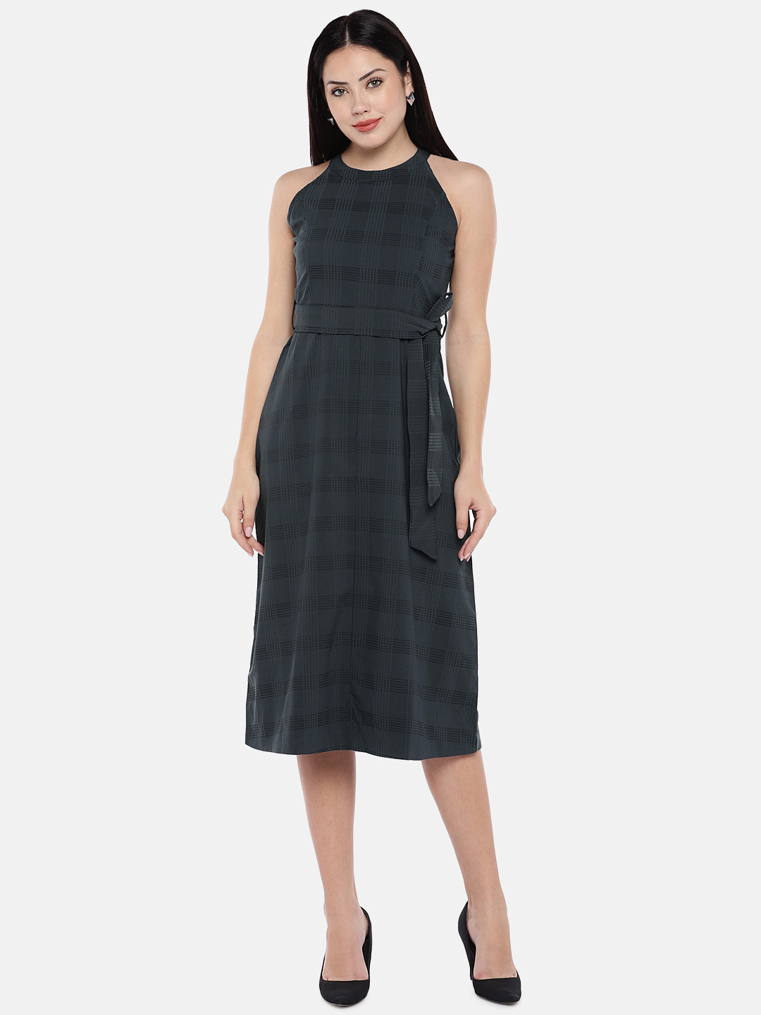 Buy The Label Life Women Teal Green Checked A Line Dress - Dresses for ...