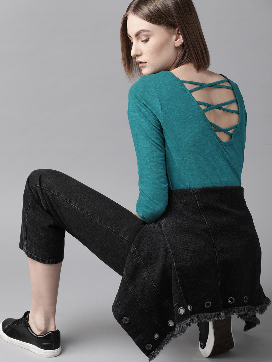 Buy Roadster Women Teal Green Solid Styled Back Top - Tops for Women ...