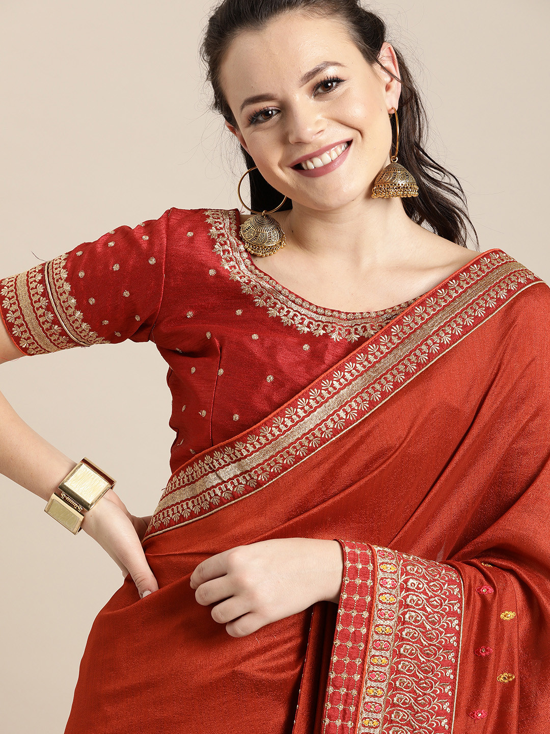 Buy Inddus Rust Red Silk Blend Embroidered Saree With Unstitched Blouse ...
