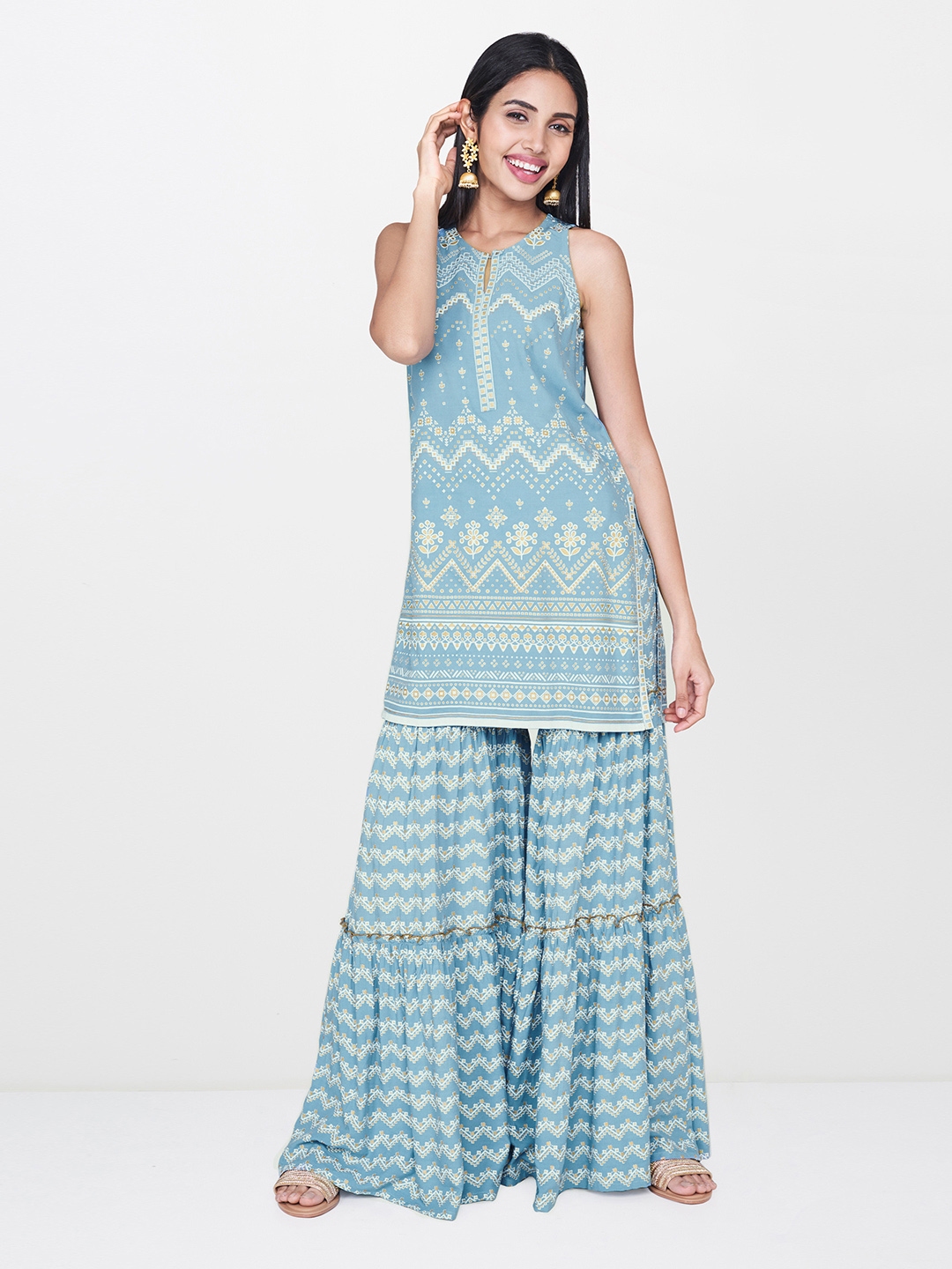Buy Global Desi Women Blue & White Printed Kurti With Sharara - Kurta ... Buy Global Desi Women Blue & White Printed Kurti With Sharara - Kurta ...