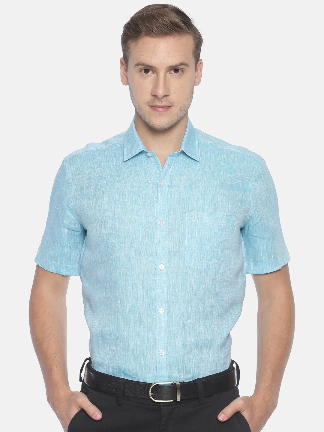 Buy Linen Club Men Turquoise Blue Regular Fit Solid Sustainable Formal ...