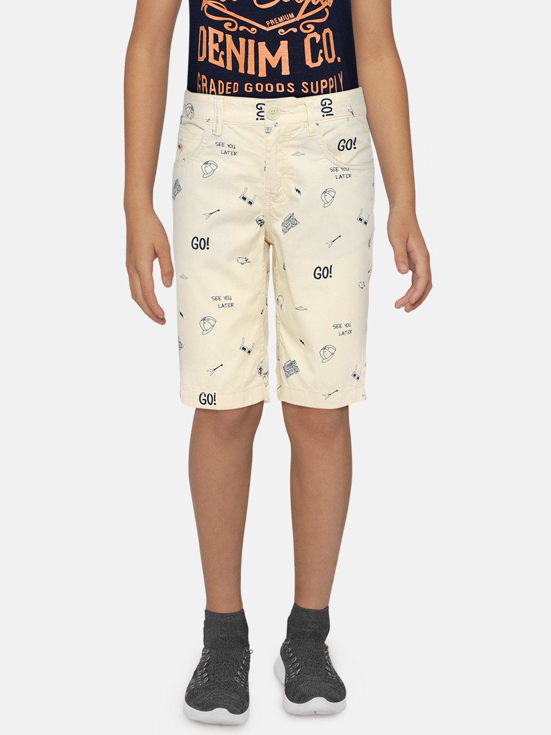 Buy Indian Terrain Boys Off White & Navy Blue Printed Regular Shorts ...