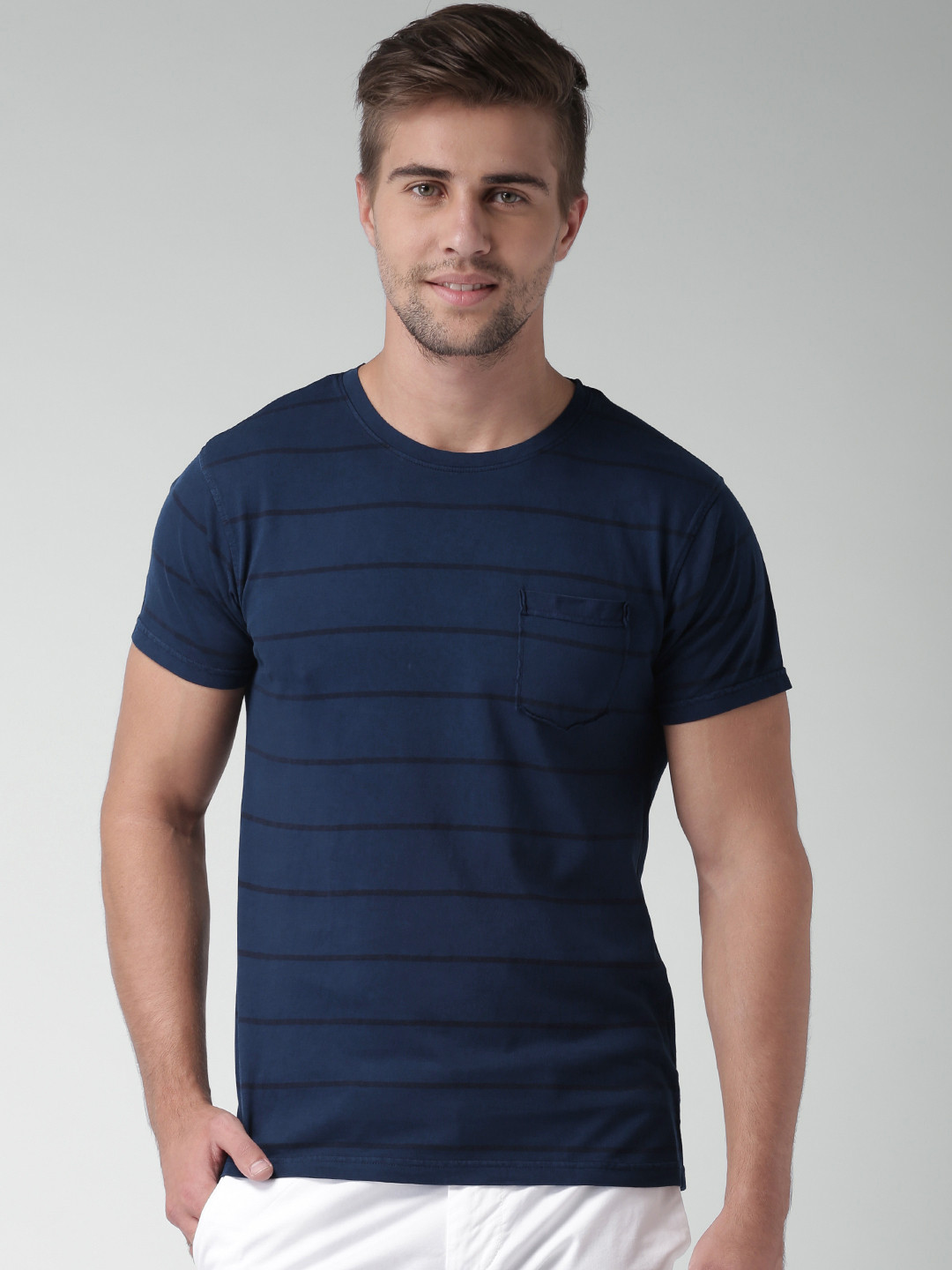 Buy Mast Harbour Navy Striped Pure Cotton T Shirt - Tshirts for Men ...