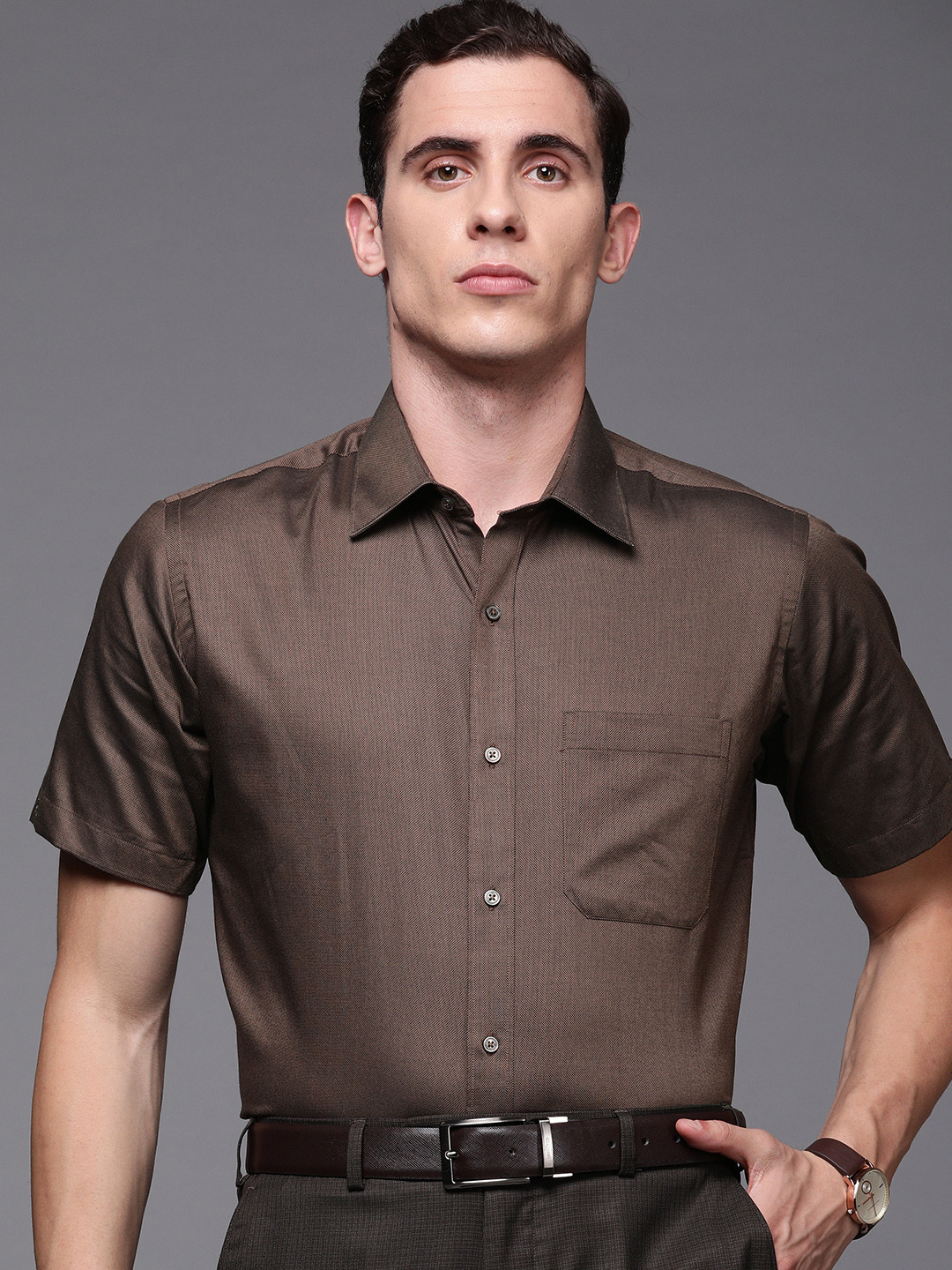 Buy Raymond Men Coffee Brown Contemporary Fit Self Design Formal Shirt ...