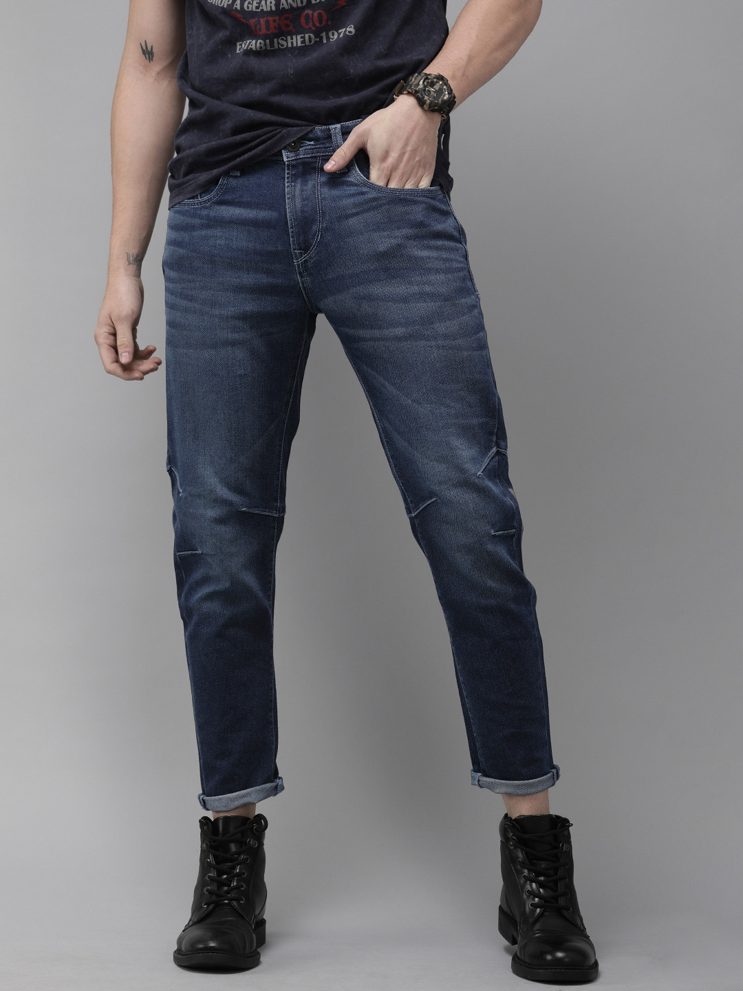 Buy Roadster Men Blue Biker Fit Mid Rise Stretchable Biker Jeans With ...