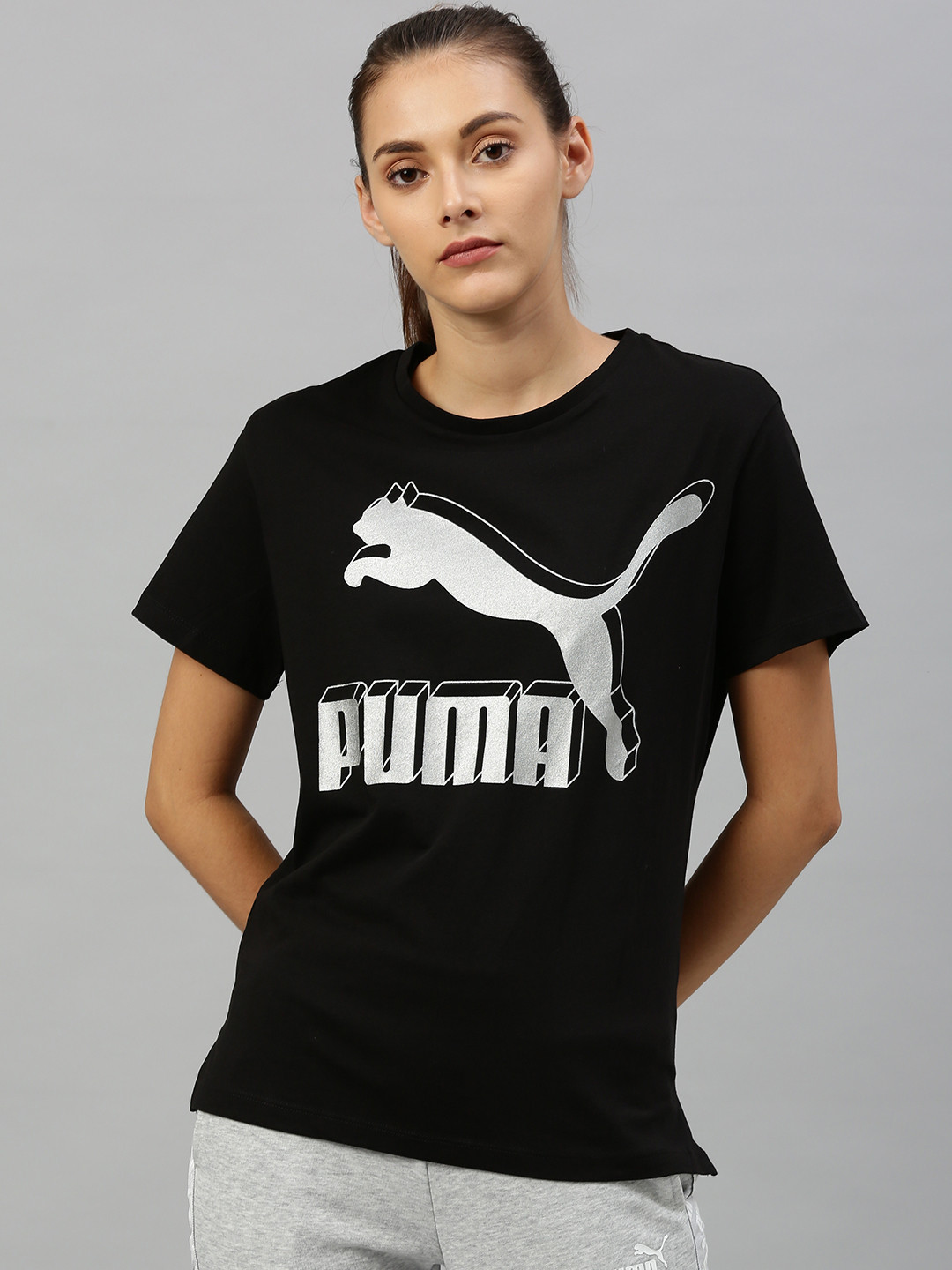Buy Puma Women Black Printed Classics Logo Round Neck Pure Cotton T ...
