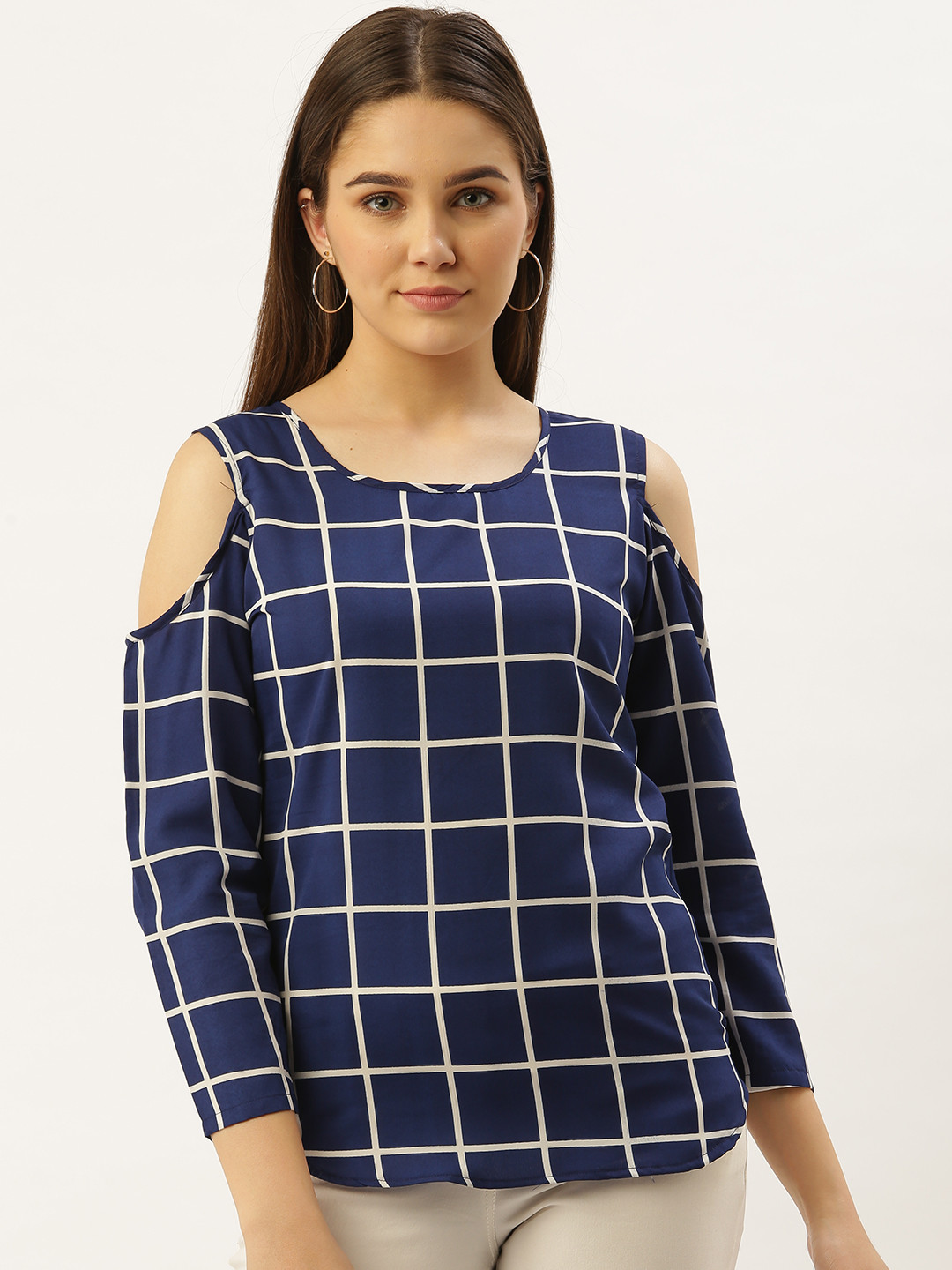 Buy Darzi Women Navy Blue & White Cold Shoulder Checked Top - Tops for ...