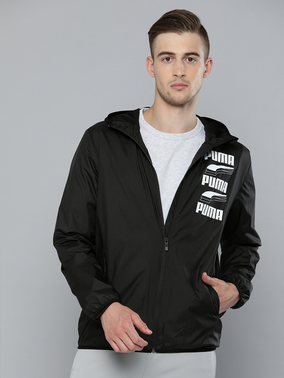 Buy Puma Men Black Printed Water Repellent Hooded Rebel Windbreaker Sporty Jacket - Jackets for ...