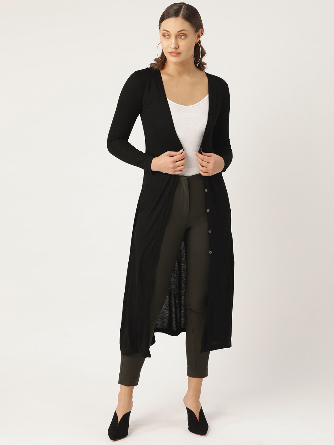 Buy Trend Arrest Women Black Solid Button Longline Shrug - Shrug for ...