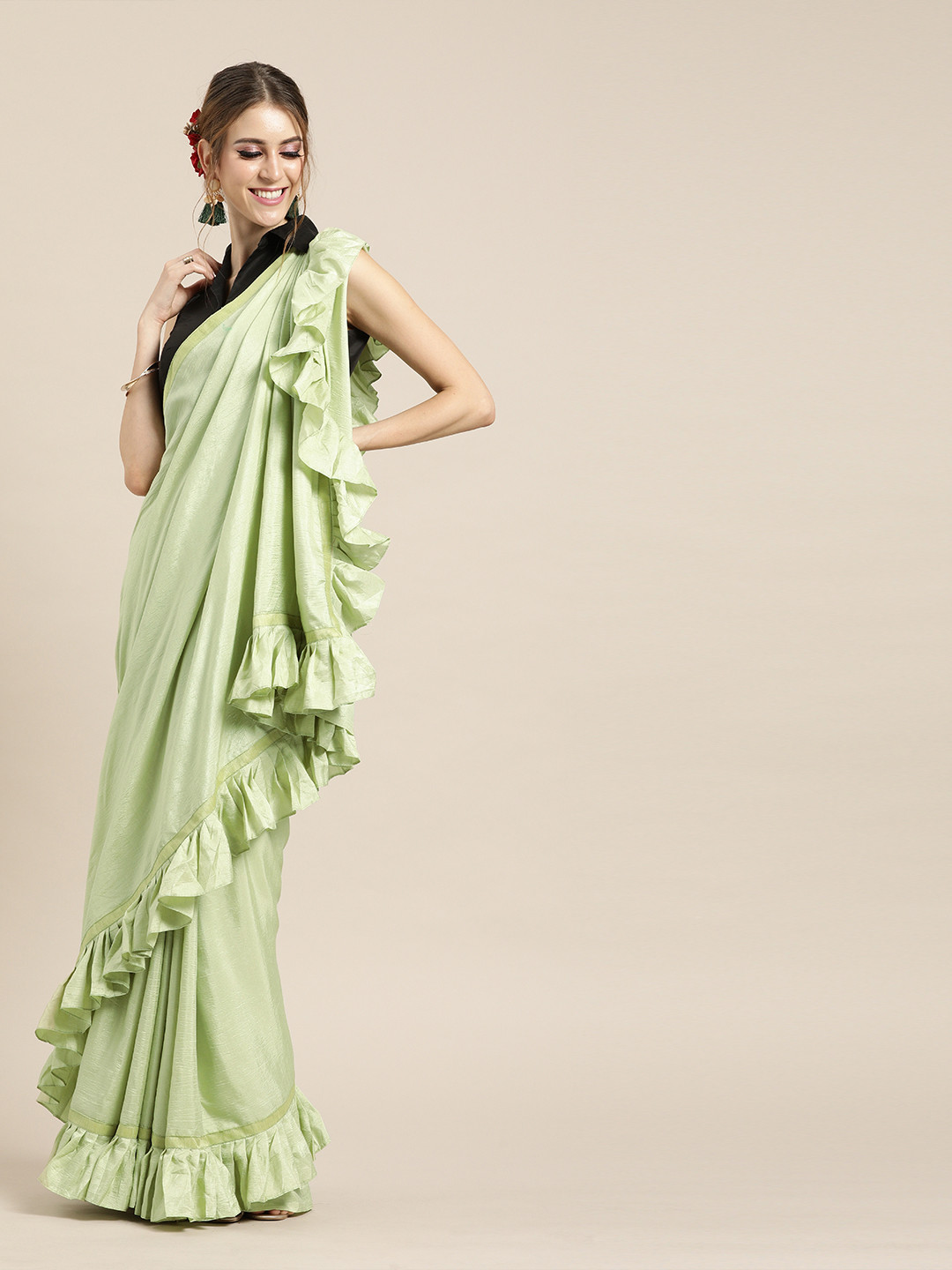 Buy Mitera Green Solid Silk Blend Saree With Ruffle Detail - Sarees for ...