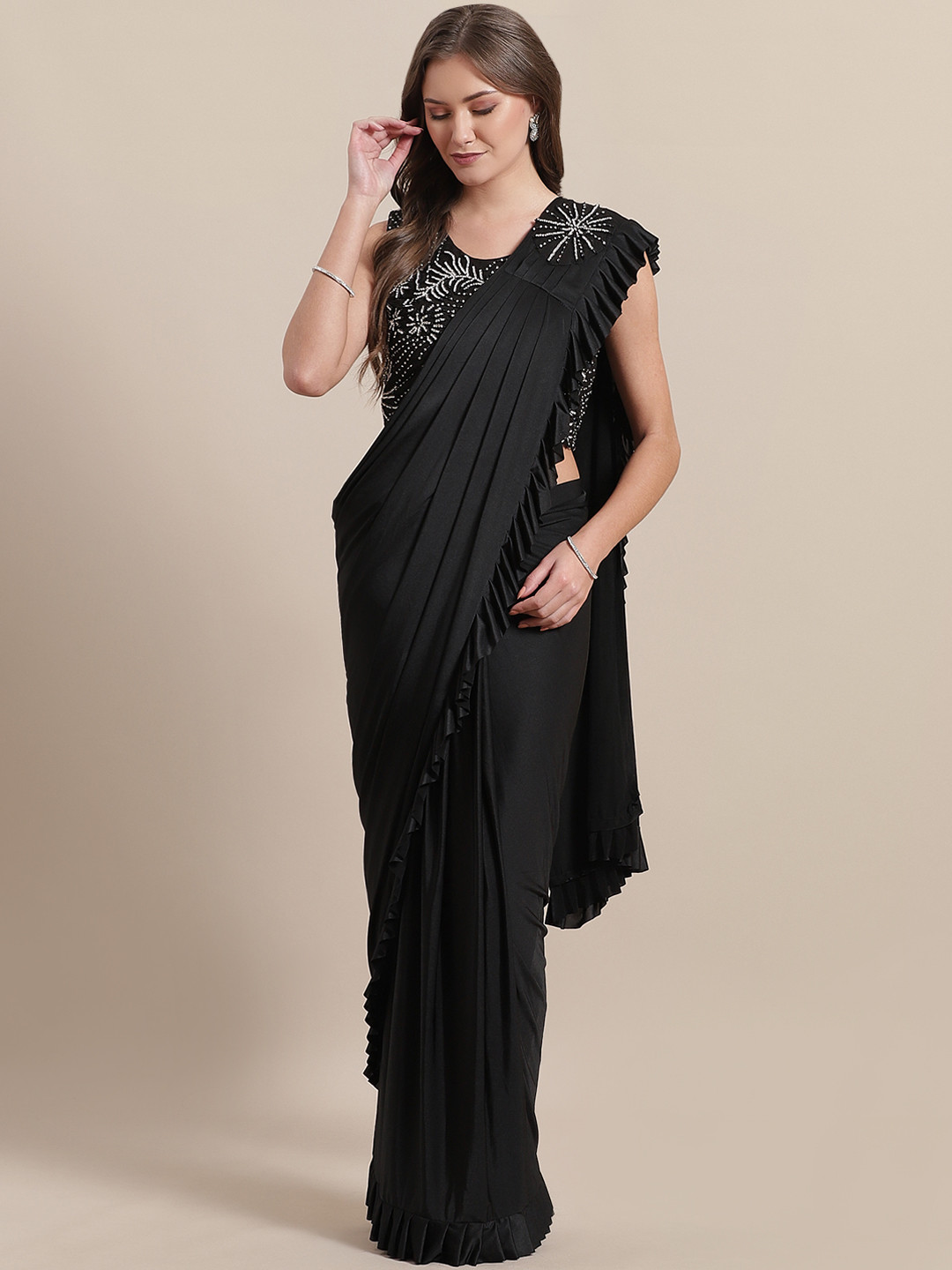 Buy Mitera Black Solid Ready To Wear Ruffle Saree - Sarees for Women ...