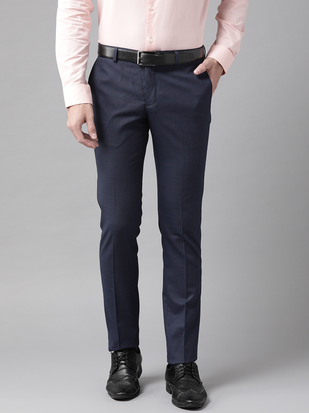 Buy Blackberrys Men Navy Blue & Red Sharp Regular Fit Checked Formal ...
