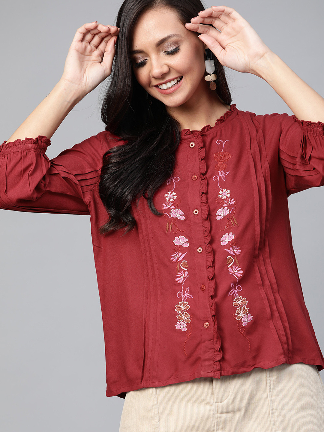 Buy HERE&NOW Women Maroon & Pink Embroidered Shirt Style Top - Tops for ...