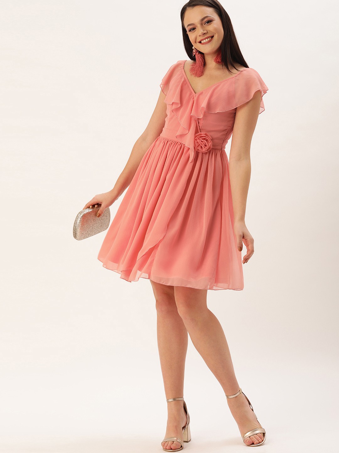 Buy Dressberry Women Coral Pink Solid Fit And Flare Butta Bomma Limited