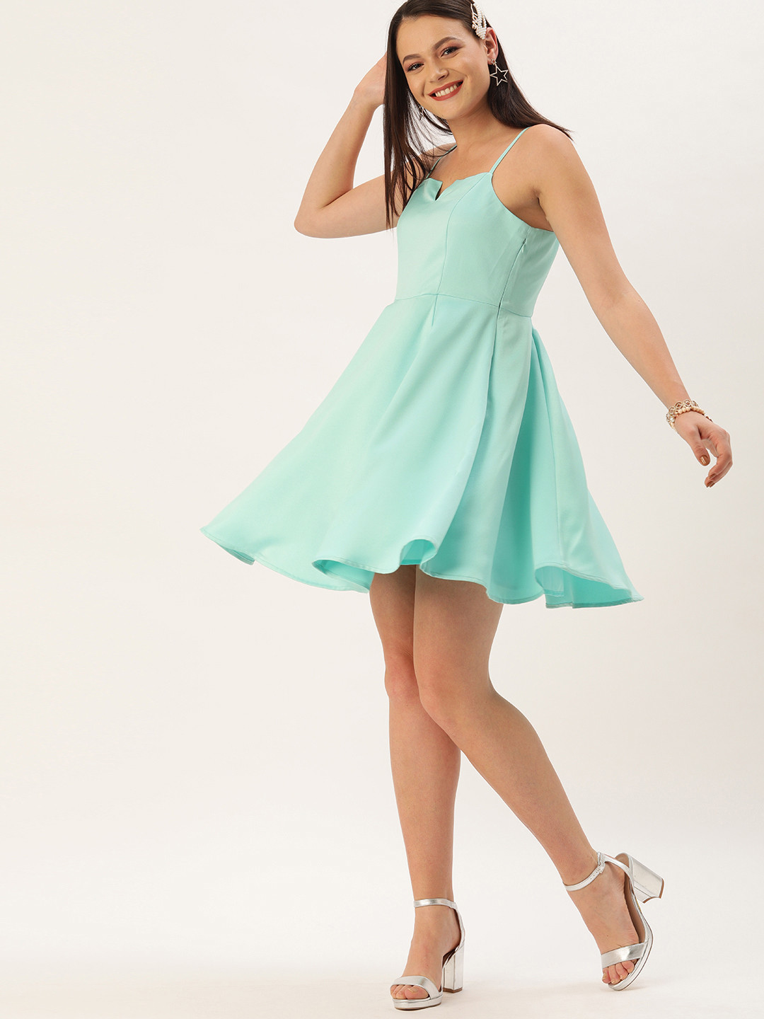 Buy DressBerry Women Turquoise Blue Solid Fit And Flare Butta Bomma ...