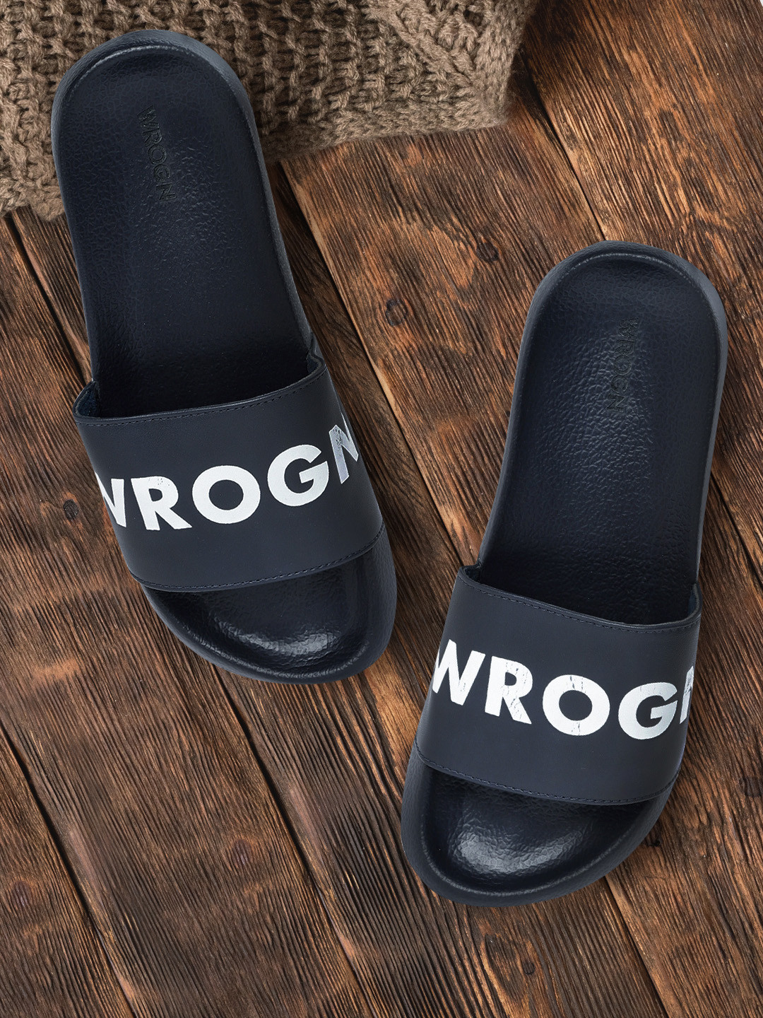 Buy WROGN Men Navy Blue & White Brand Logo Print Sliders - Flip Flops ...