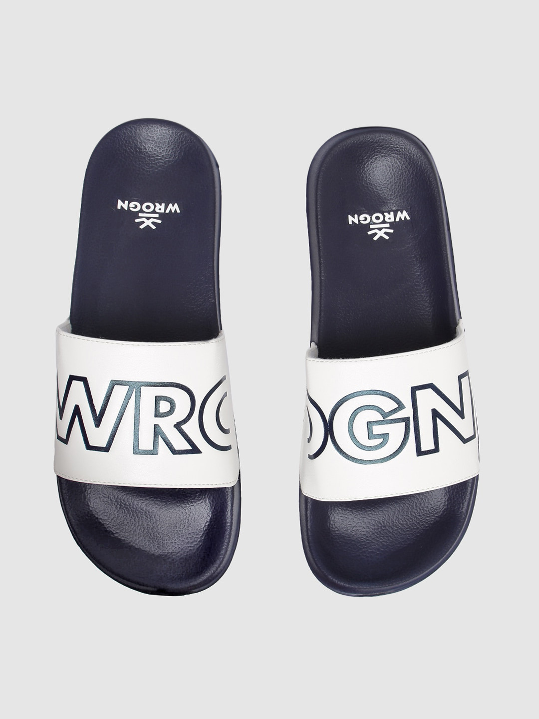 Buy WROGN Men White & Navy Blue Brand Logo Printed Sliders - Flip Flops ...