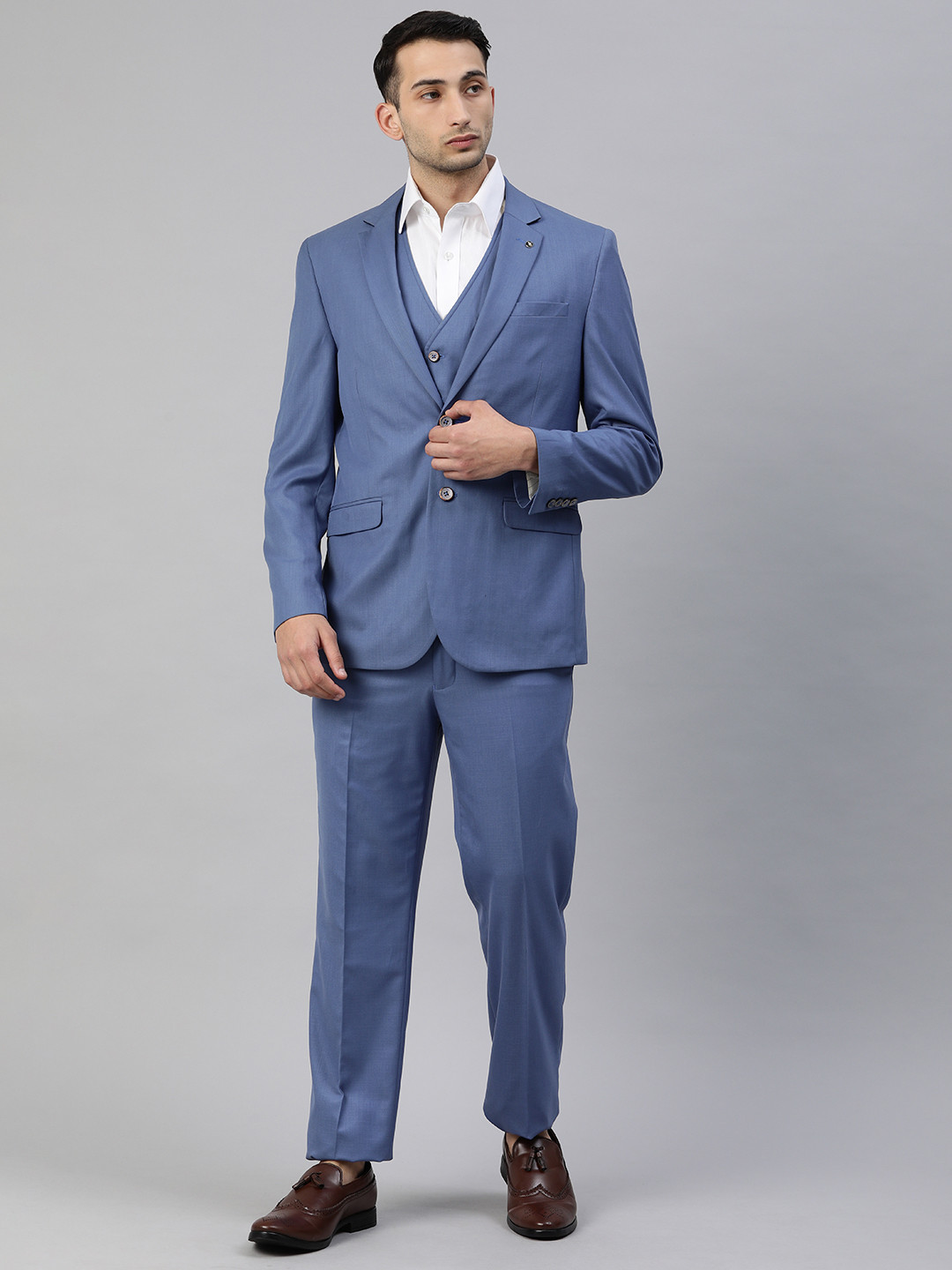 Buy Van Heusen Men Blue Slim Fit Solid Single Breasted 3 Piece Formal ...